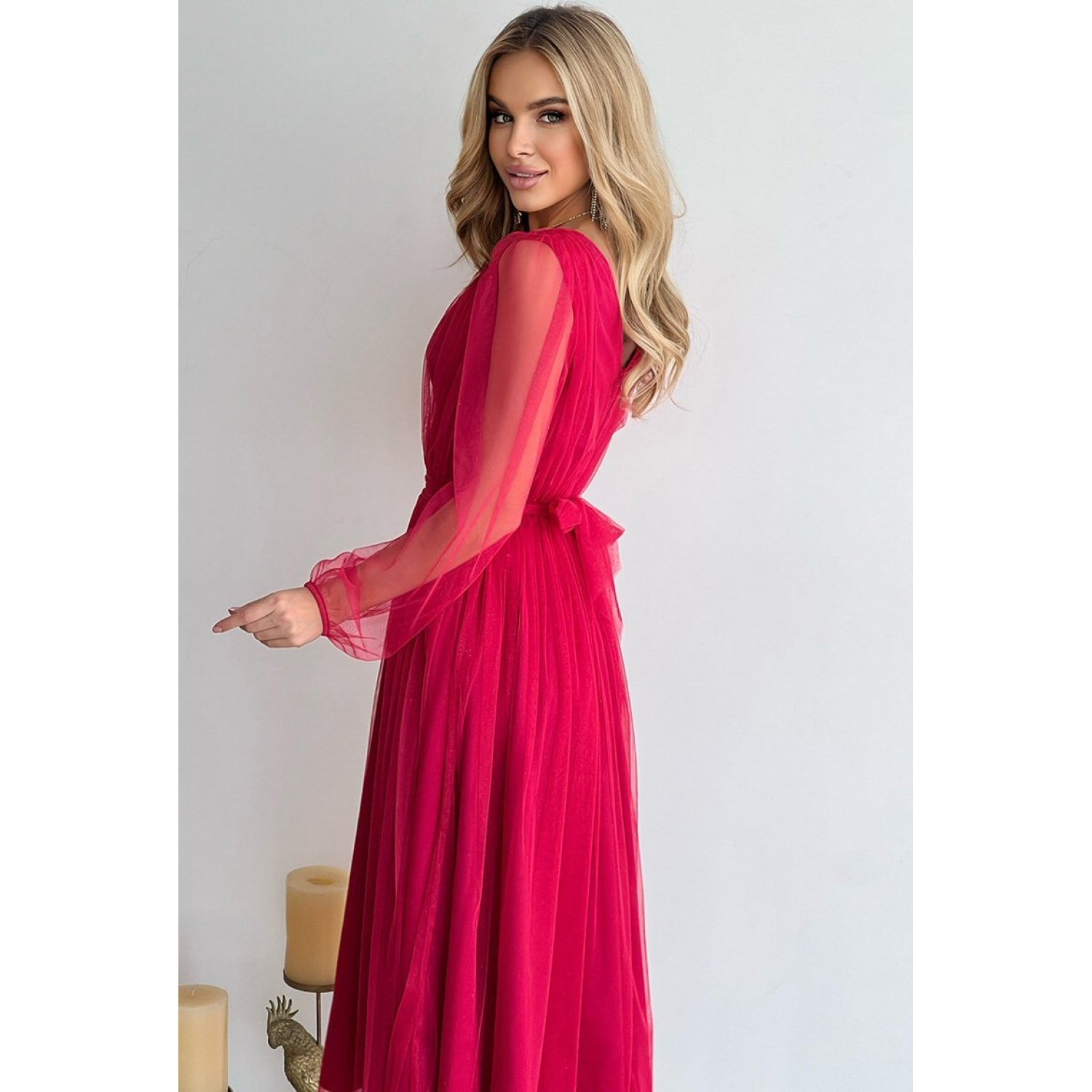 Rochie eleganta midi, din tul cu glitter, roz fucsia, evazata, cu ...