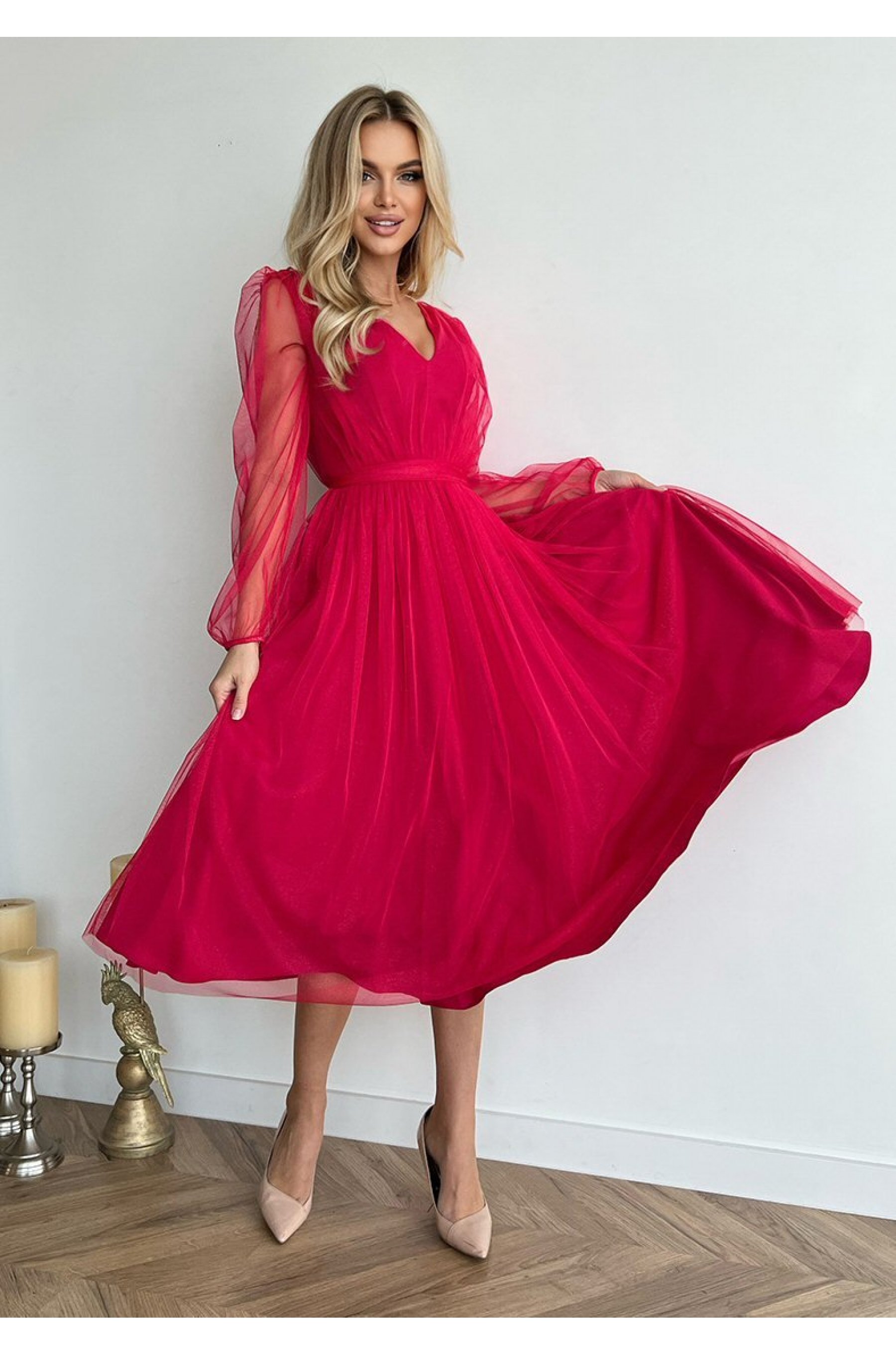 Rochie eleganta midi, din tul cu glitter, roz fucsia, evazata, cu ...