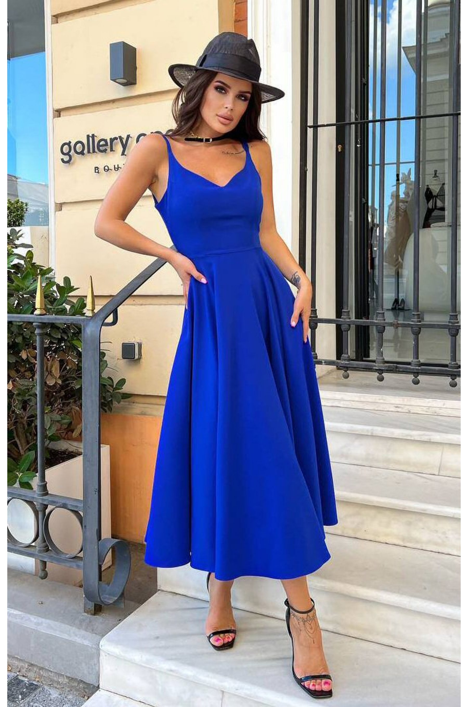 Rochie midi in clos, albastra, cu umerii goi, vaporoasa, Fabiola ...