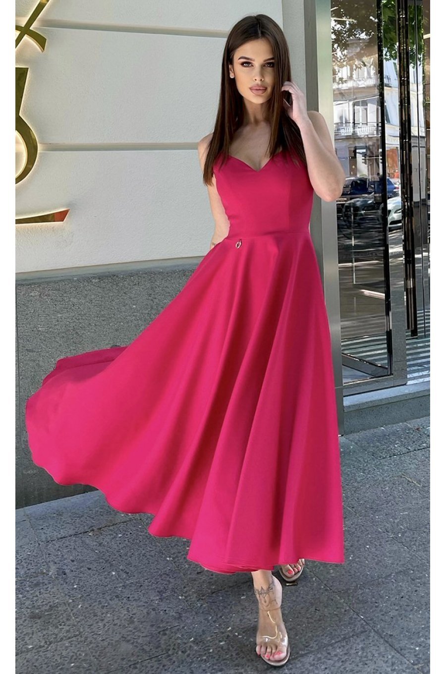 Rochie midi in clos, roz fucsia, cu umerii goi, vaporoasa, Fabiola ...