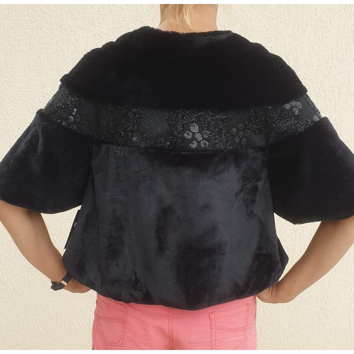 Capa dama din blana neagra eco cu paiete Kenda - JojoFashion.ro