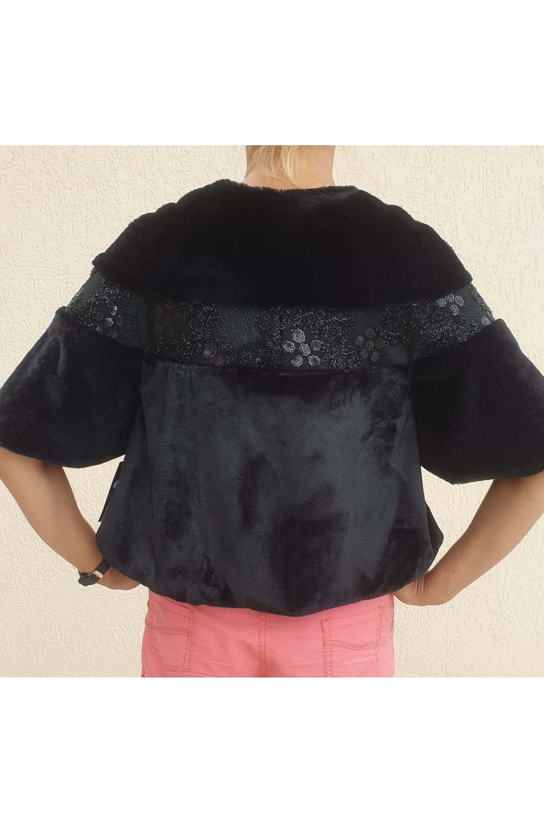 Capa dama din blana neagra eco cu paiete Kenda - JojoFashion.ro