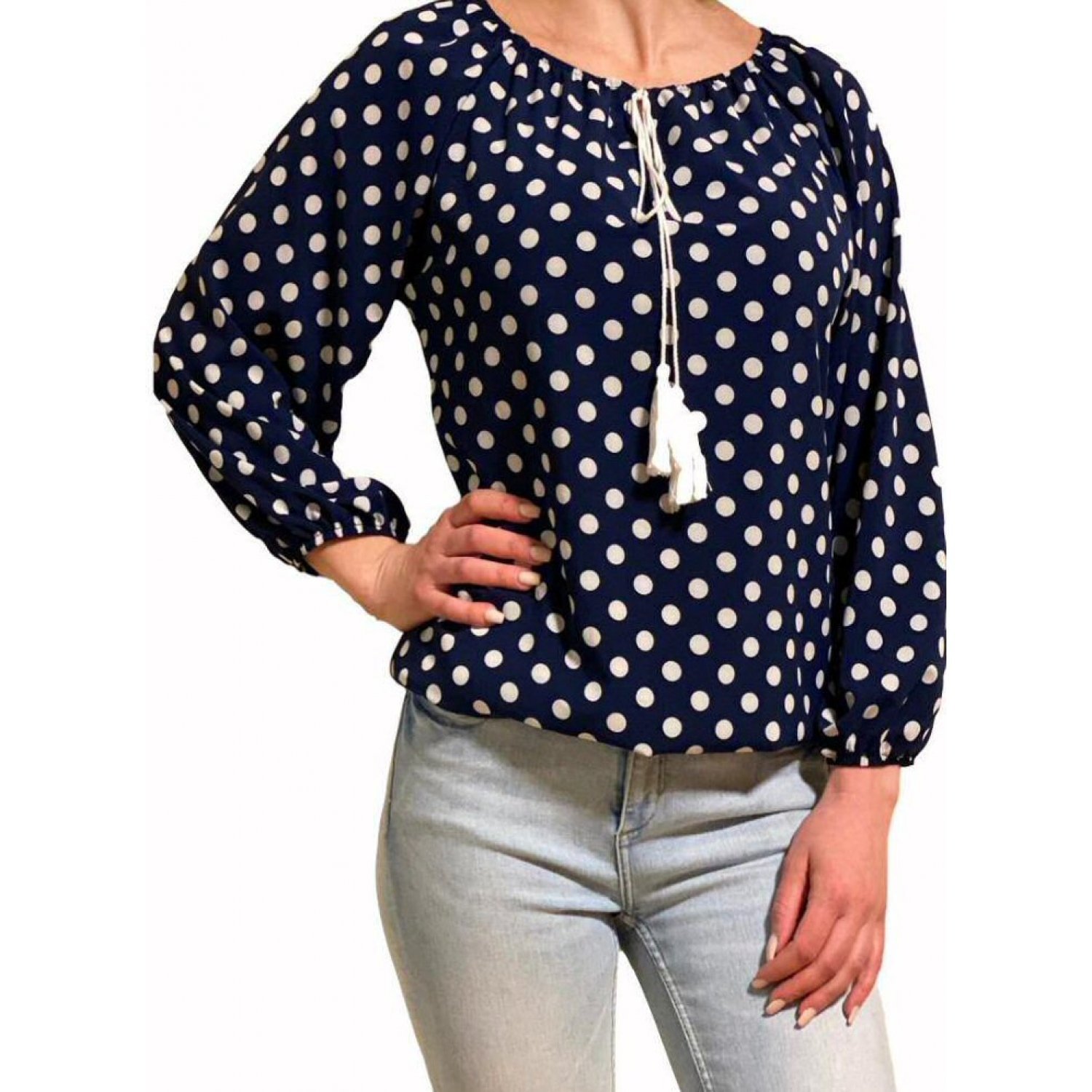 Bluza dama bleumarin cu bulinute albe din voal Brenna - JojoFashion.ro