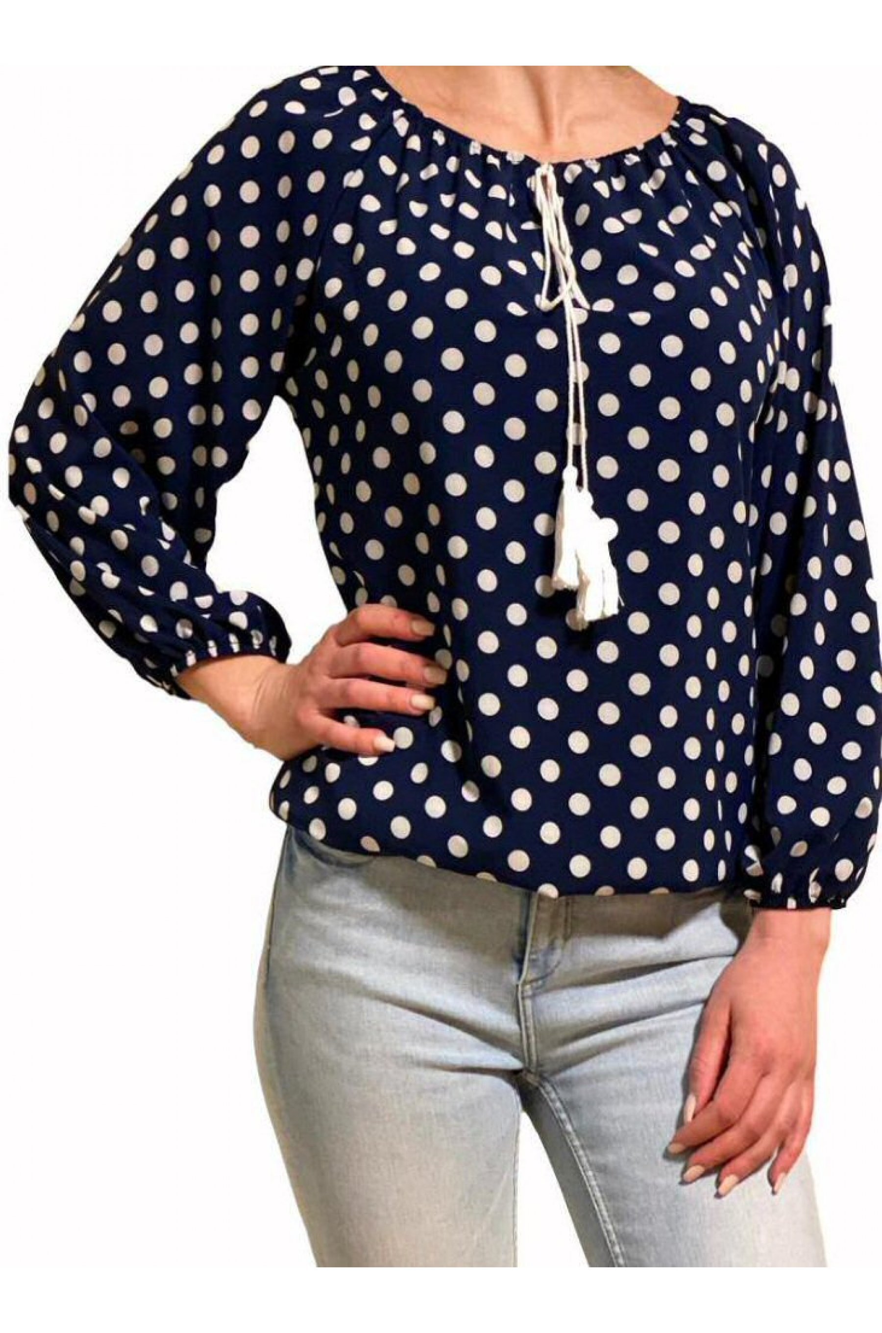 Bluza dama bleumarin cu bulinute albe din voal Brenna - JojoFashion.ro