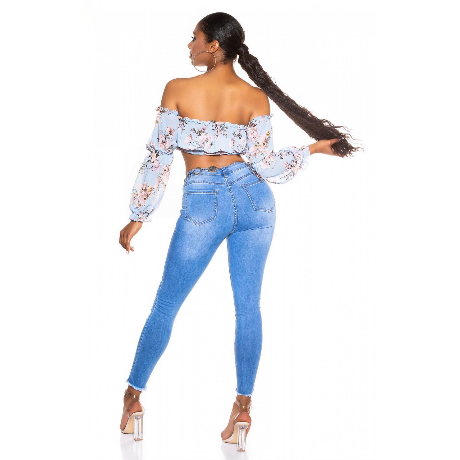 Top dama floral scurt cu umerii goi bleu Creolla - JojoFashion.ro