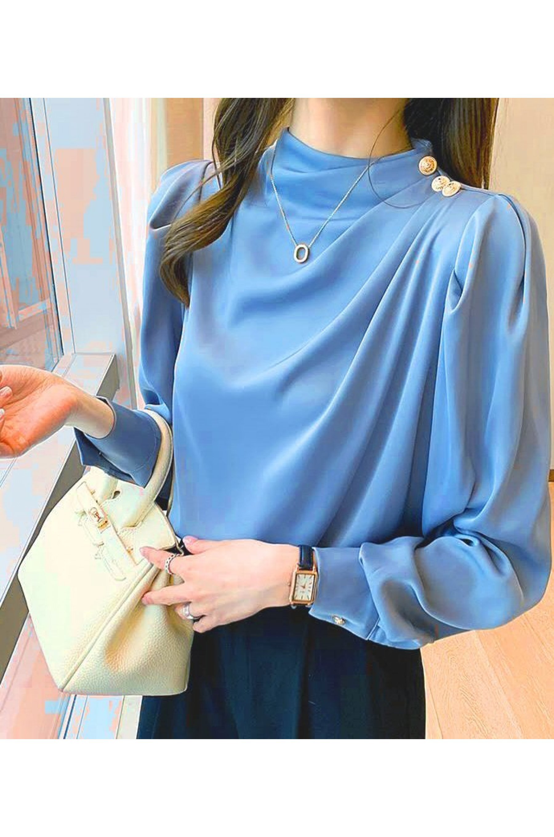 Bluza dama eleganta, bleu, cu maneca lunga, vaporoasa, Angelia ...