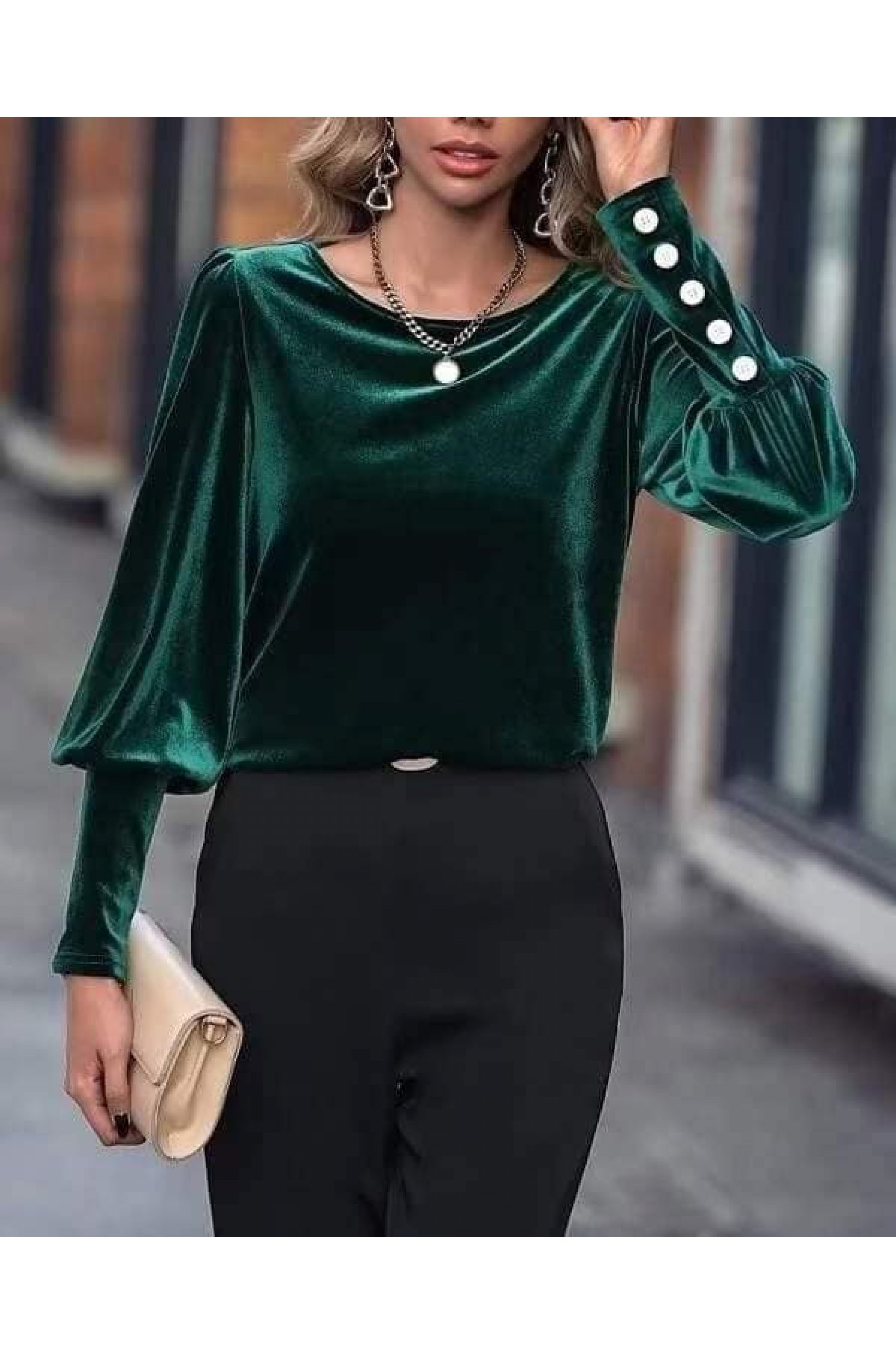 Bluza dama eleganta, catifea, verde, cu maneca lunga, Jacqueline ...