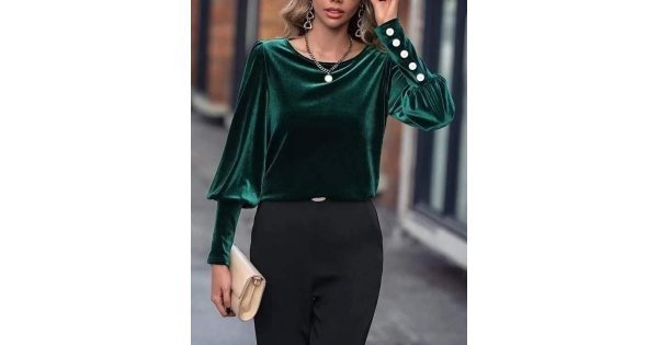 Bluza dama eleganta, catifea, verde, cu maneca lunga, Jacqueline ...