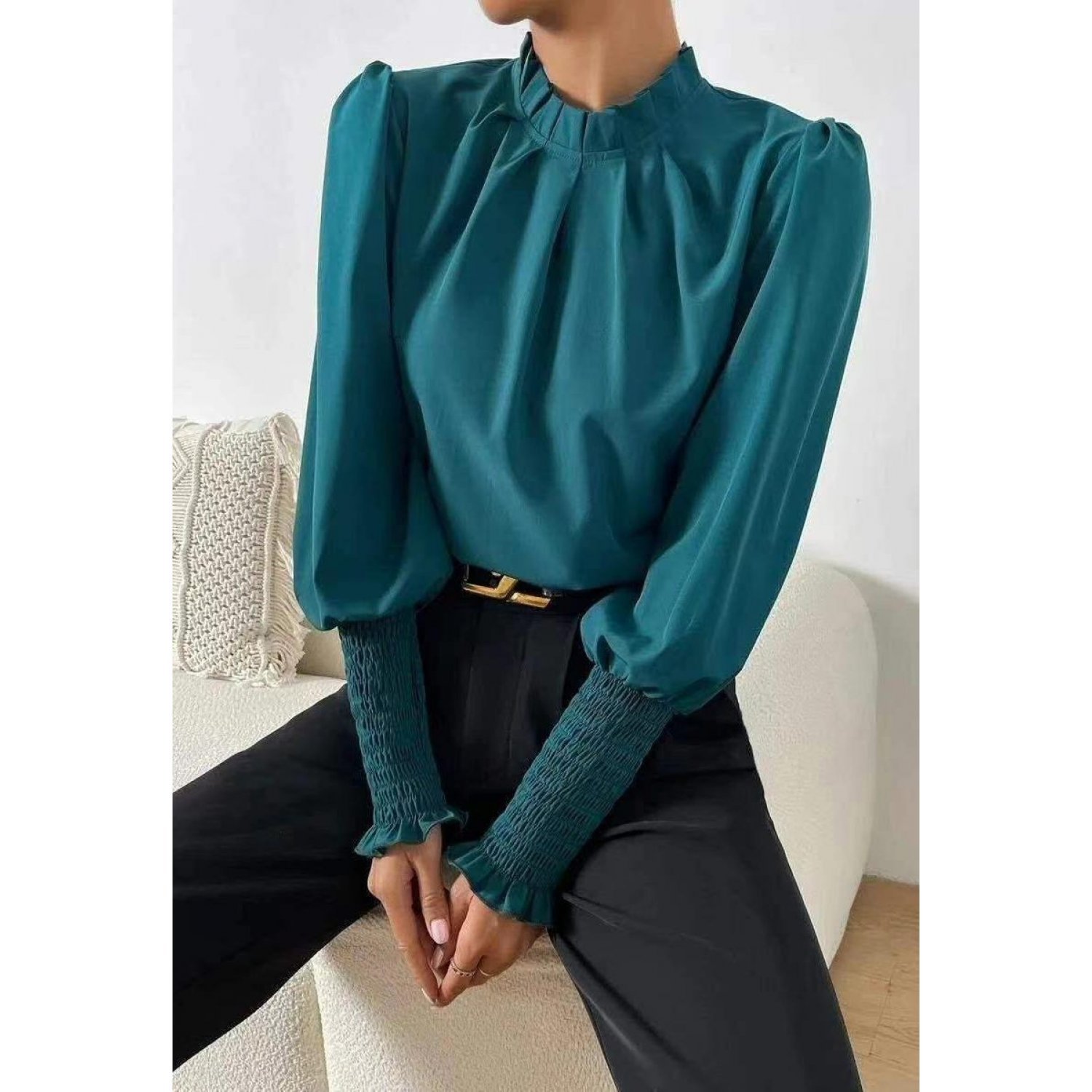 Bluza dama eleganta din voal turcoaz, cu maneca lunga, Fabia ...