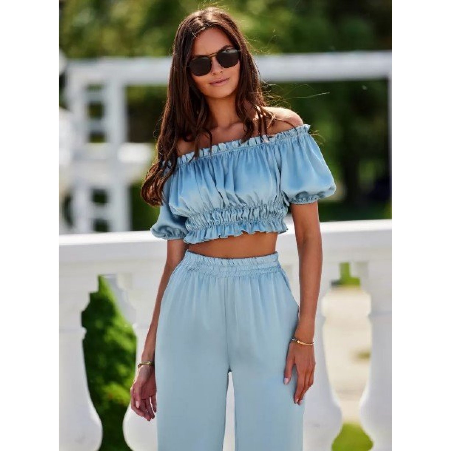 Bluza crop de dama, bleu menta, din satin, incretita, MarbellaR ...