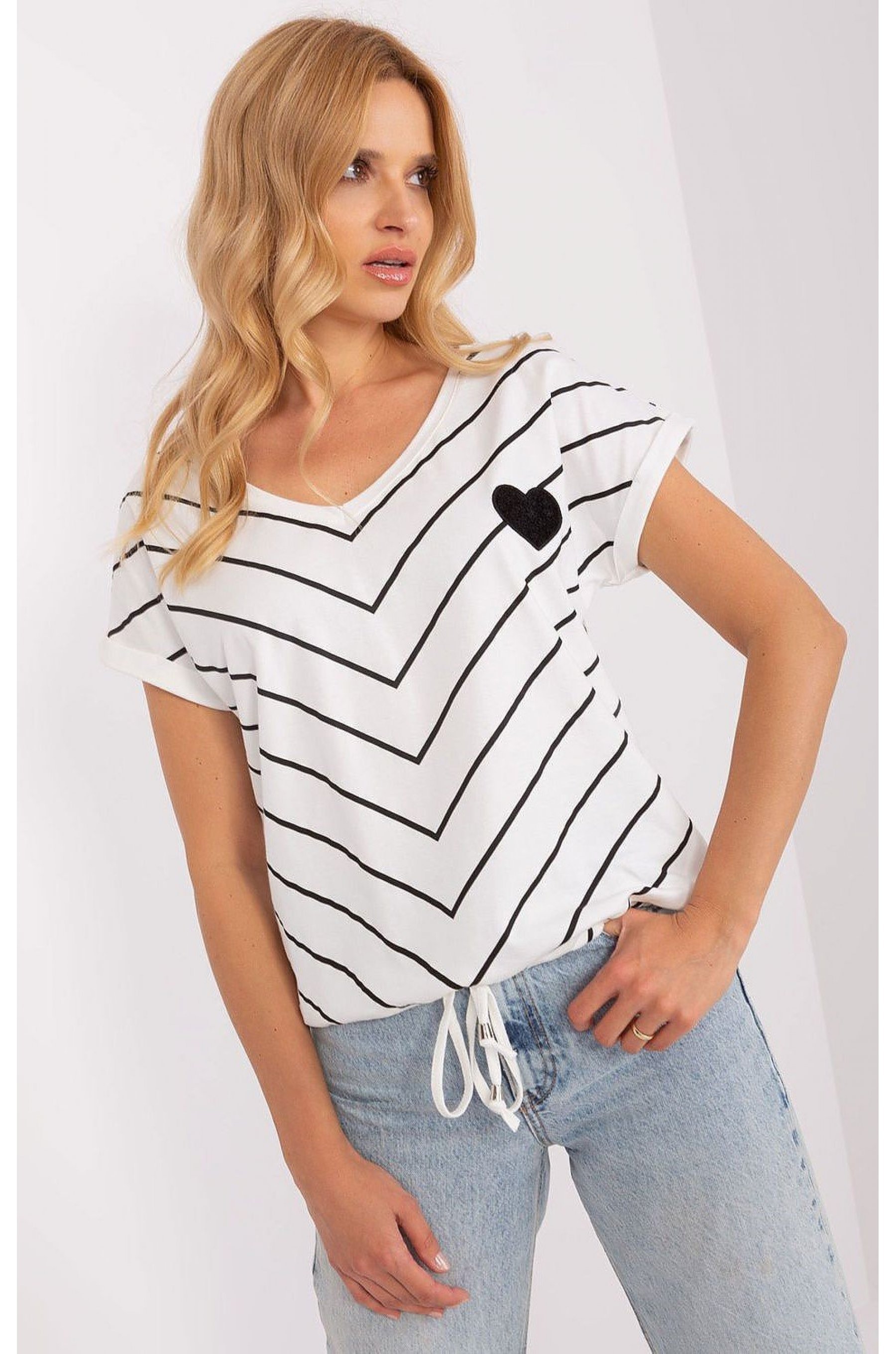 Bluza dama casual, din bumbac, alba cu dungi negre, cu maneca scurta ...