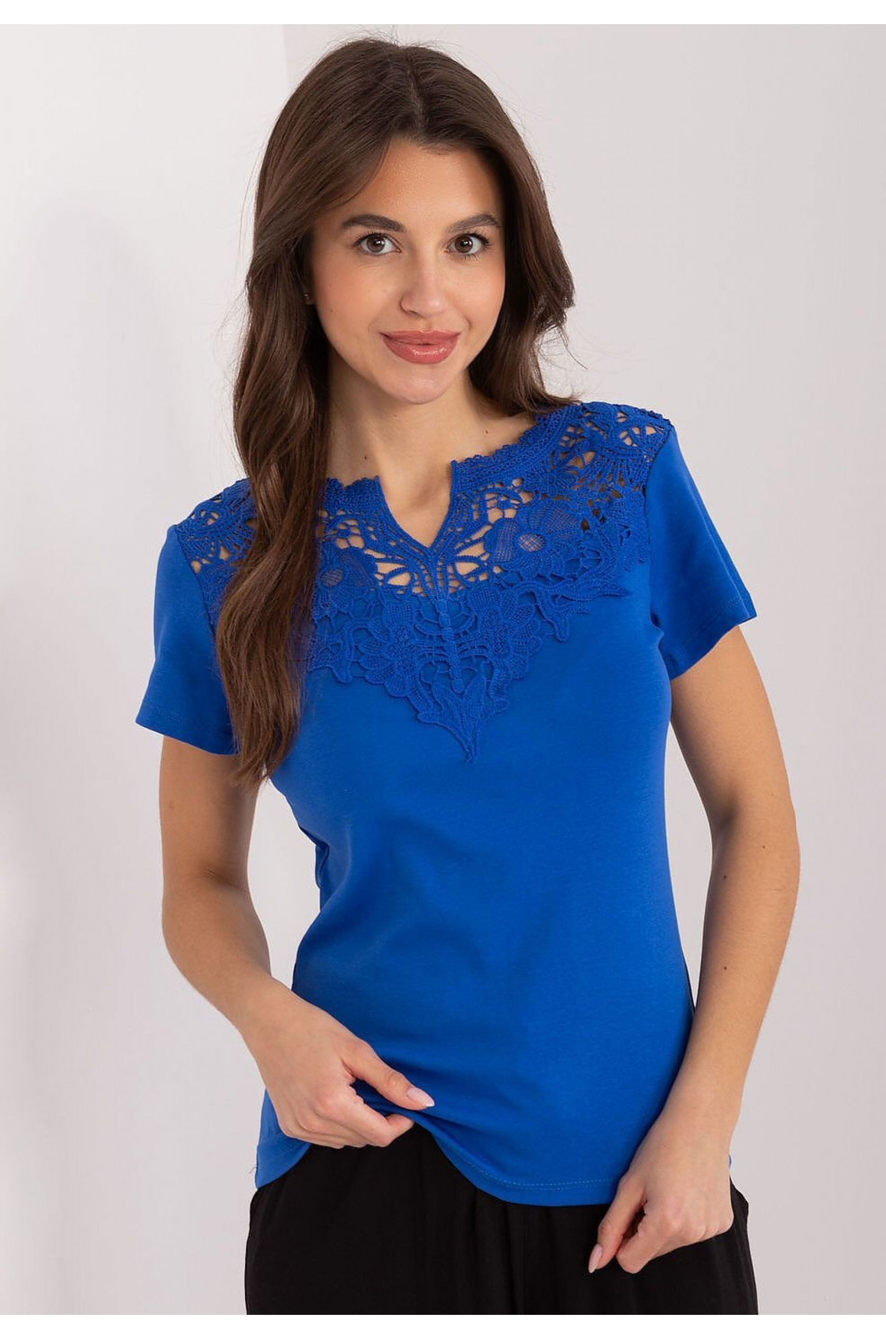 Bluza dama casual, din bumbac si dantela, albastra, cu maneca scurta ...