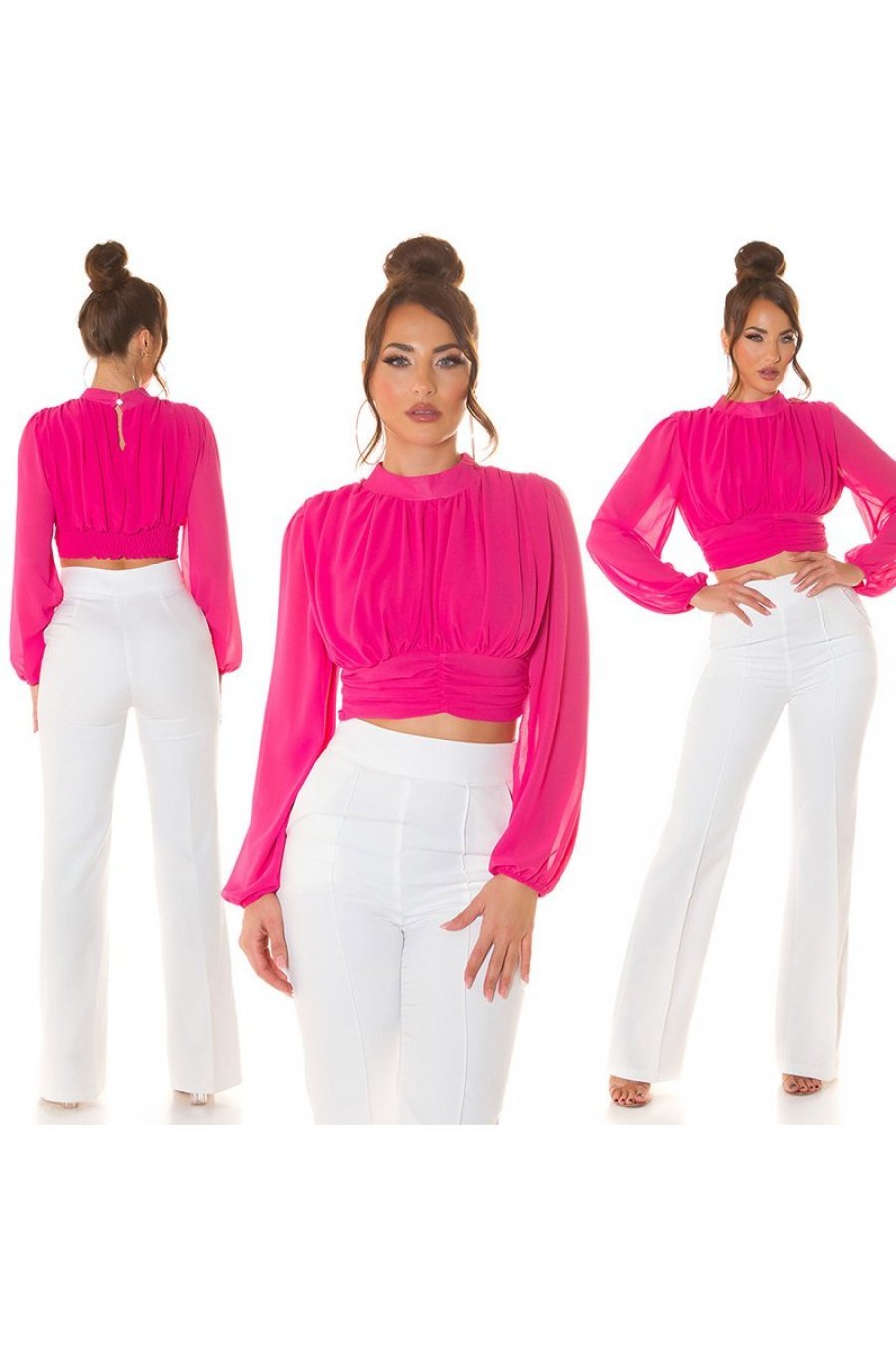Bluza dama crop, eleganta, din vascoza roz fucsia, cu maneca lunga ...
