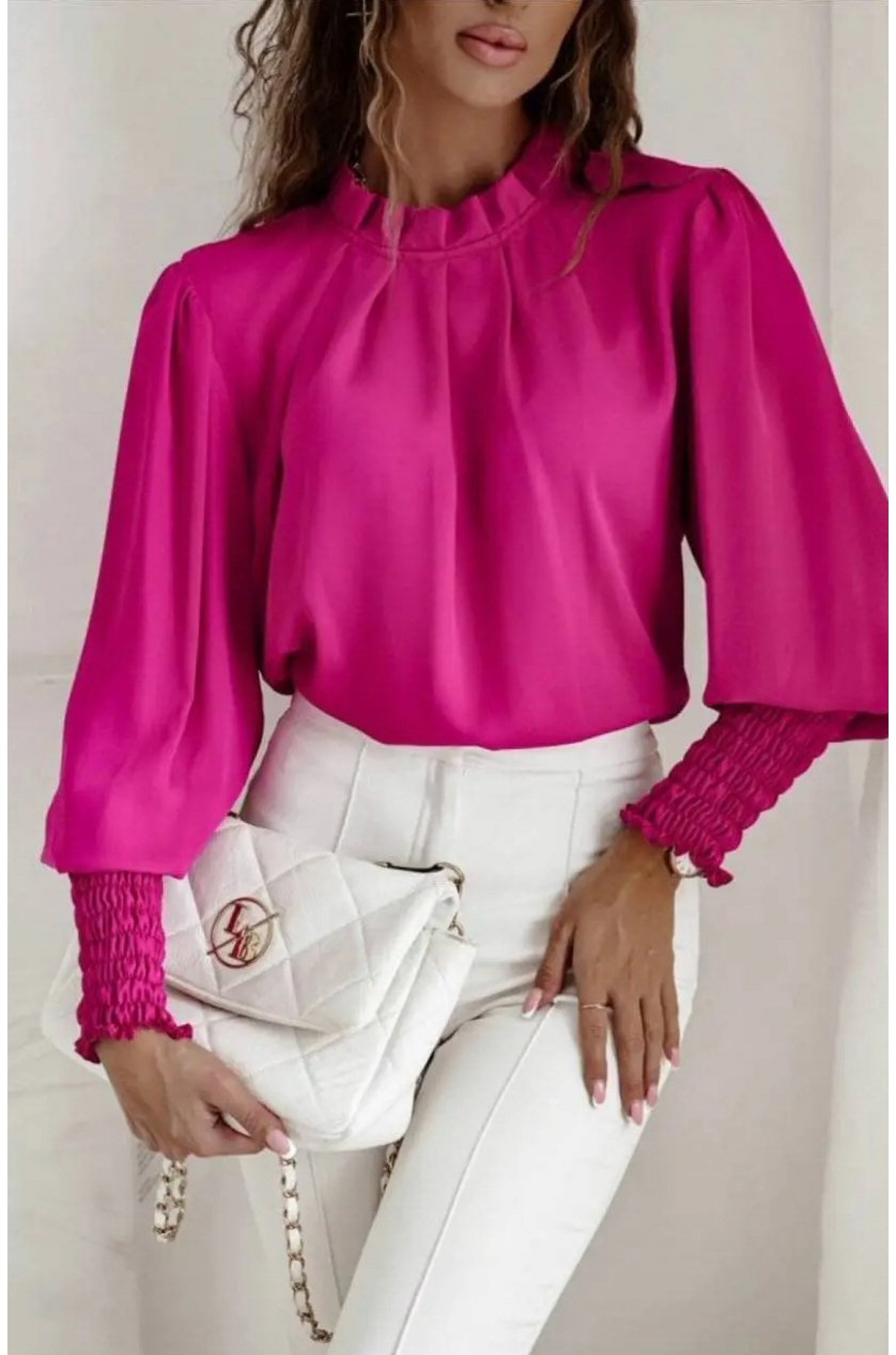 Bluza dama eleganta, din voal roz magenta, cu maneca lunga, Fabia ...