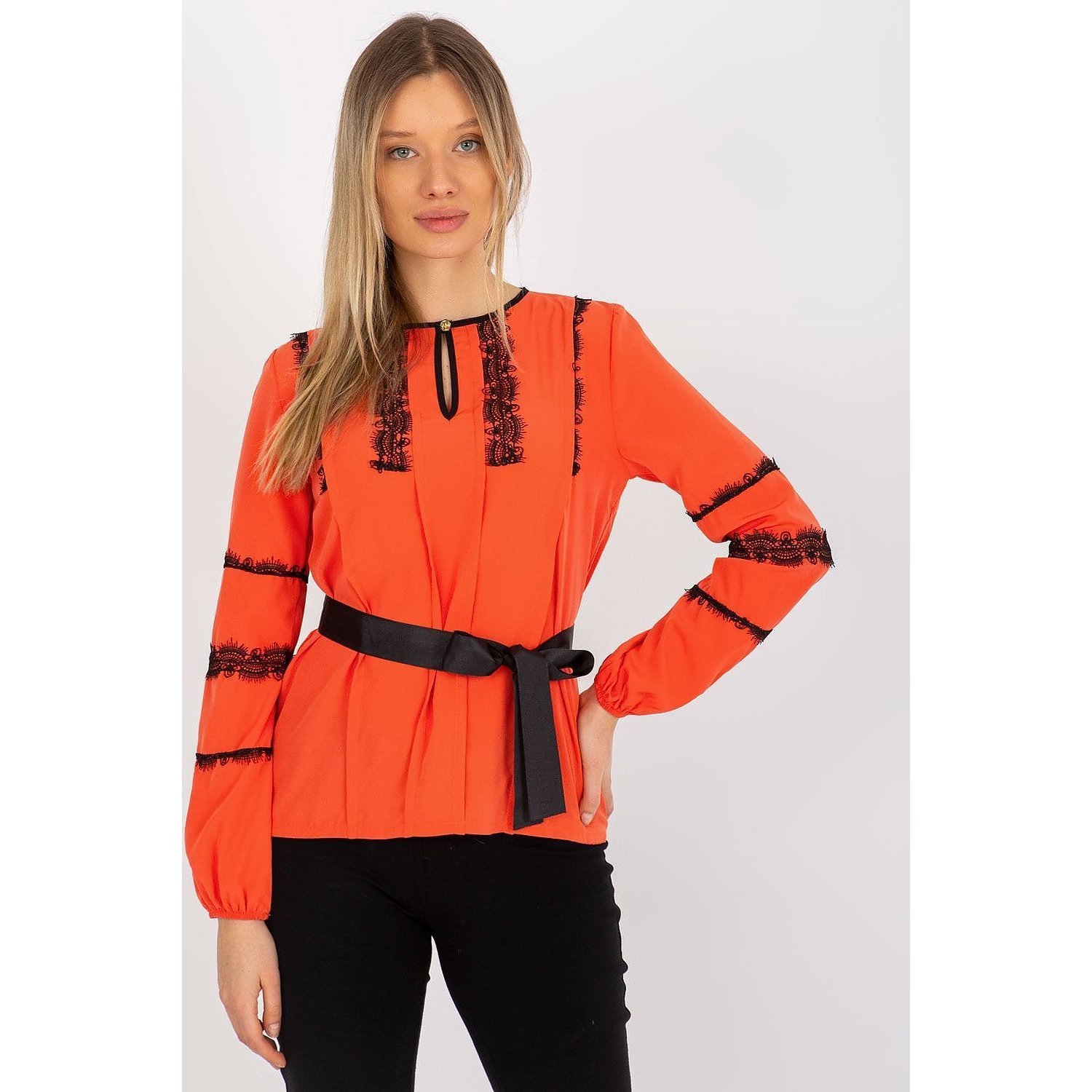Bluza dama eleganta, orange, cu dantela neagra si maneca lunga, Mirage ...