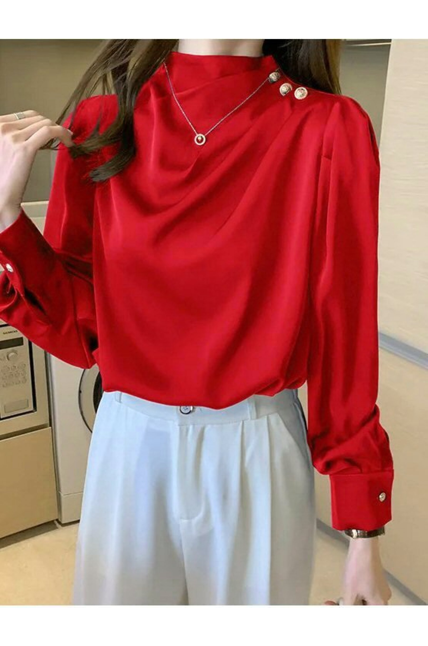 Bluza dama eleganta, rosie, cu maneca lunga, vaporoasa, Angelia ...