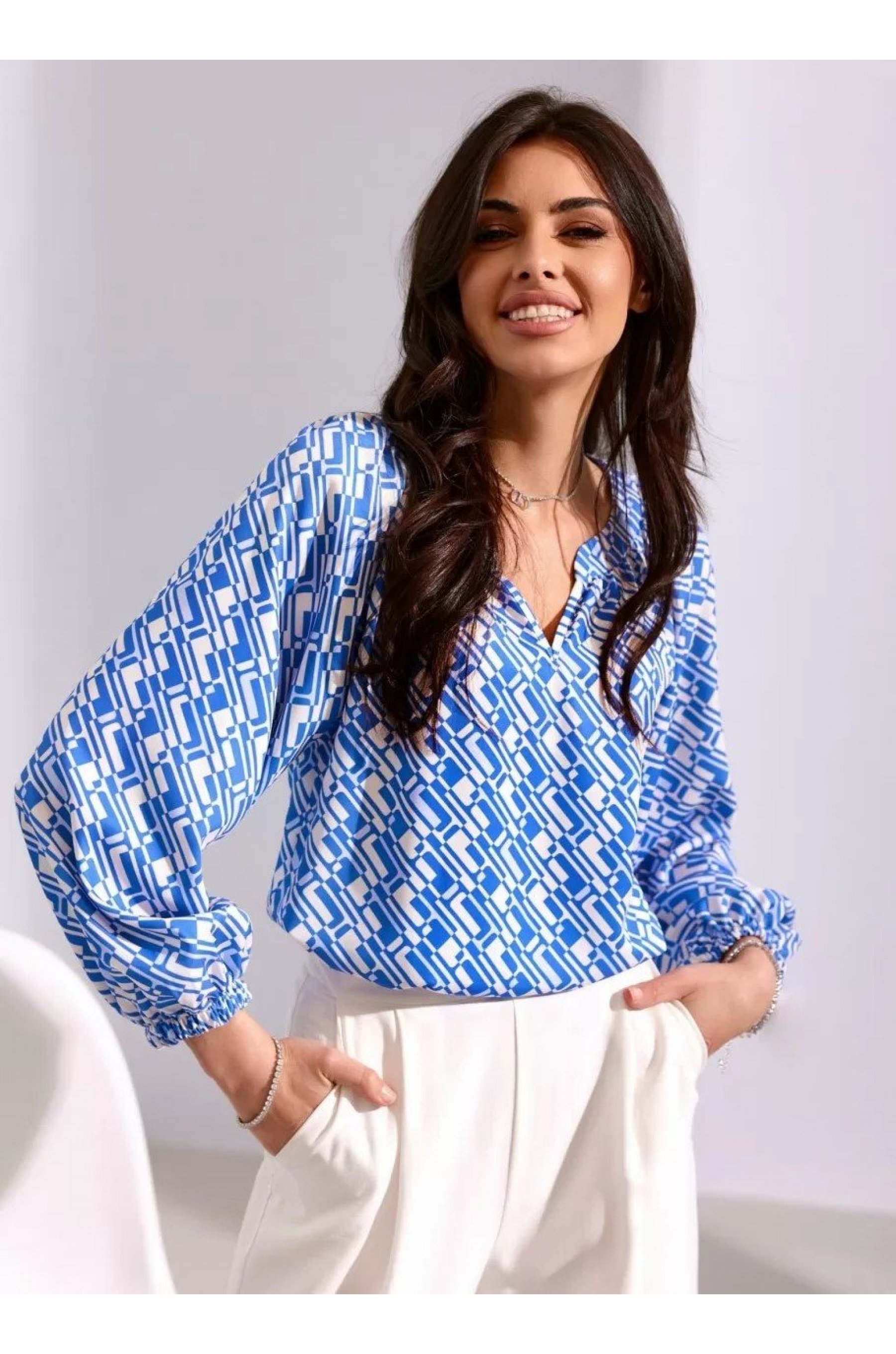 Bluza dama tip tunica, bleu cu print alb, vaporoasa, cu maneca lunga ...