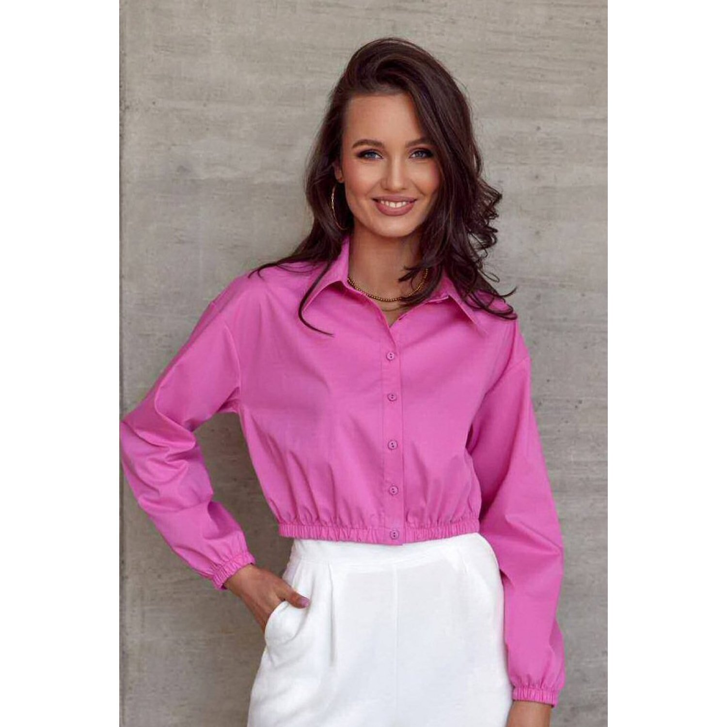 Camasa dama crop, roz fucsia, cu maneca lunga, Nora - JojoFashion.ro