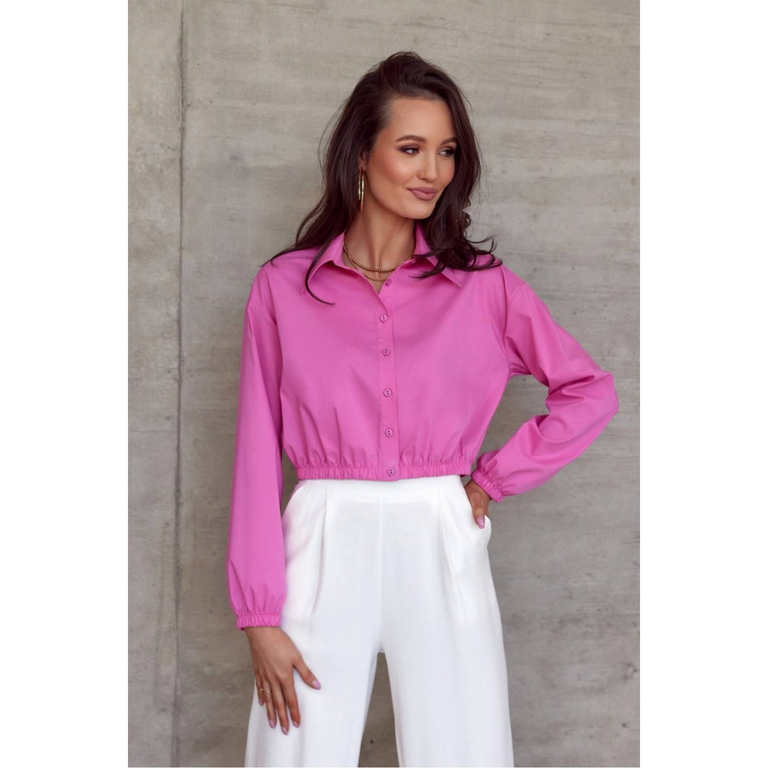 Camasa dama crop, roz fucsia, cu maneca lunga, Nora - JojoFashion.ro