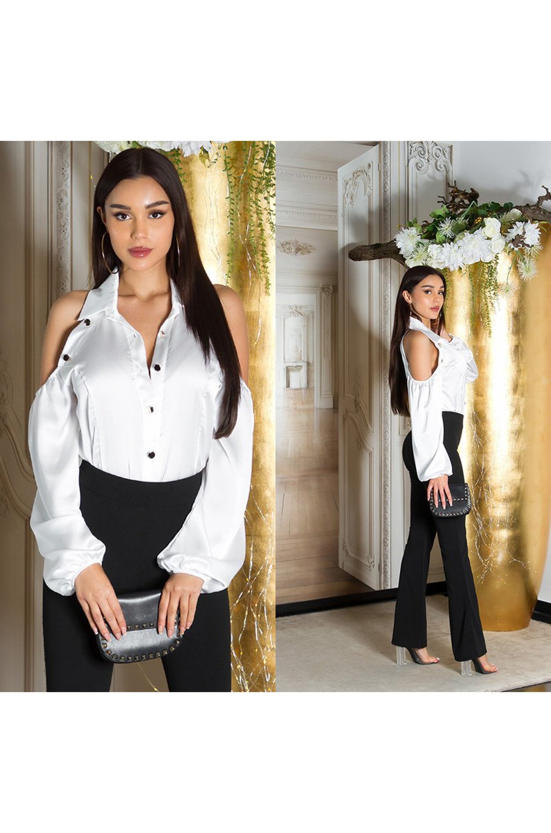 Tinuta camasa eleganta alba din satin cu umerii goi si pantaloni ...