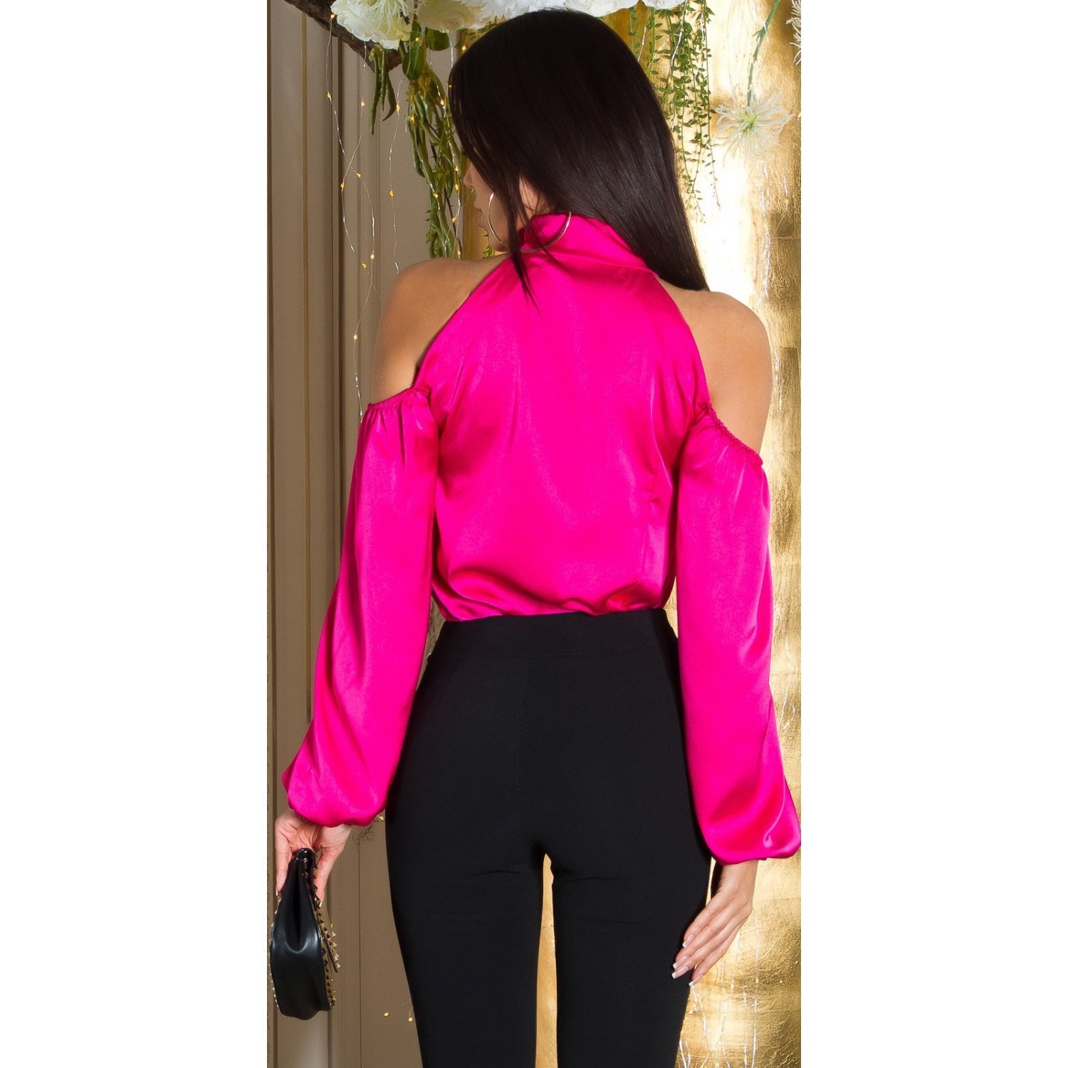 Camasa dama eleganta, din satin, roz ciclam, cu maneca lunga si umerii ...