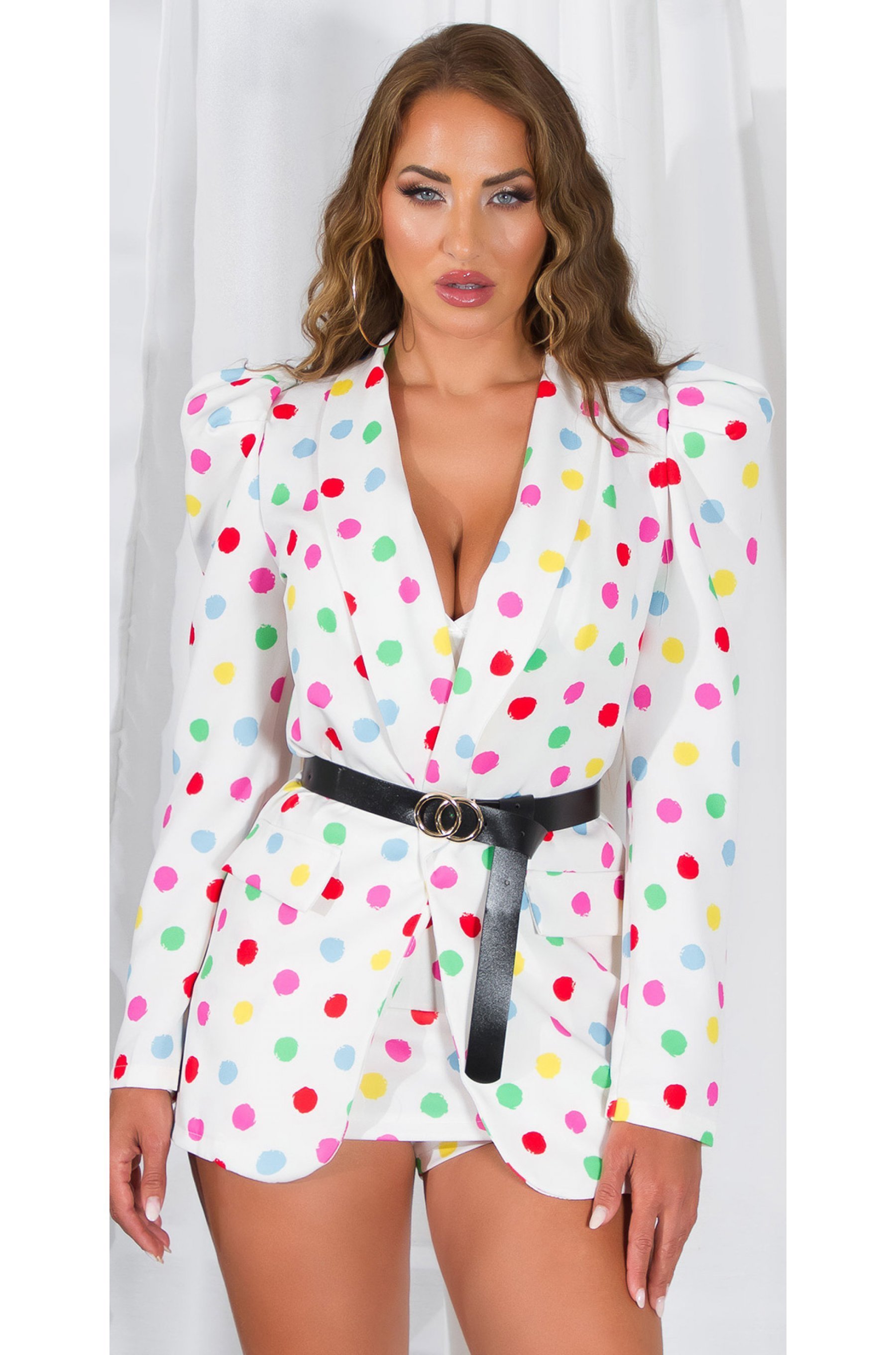 Sacou dama elegant, alb cu buline multicolore, cu maneca lunga, Yandera ...