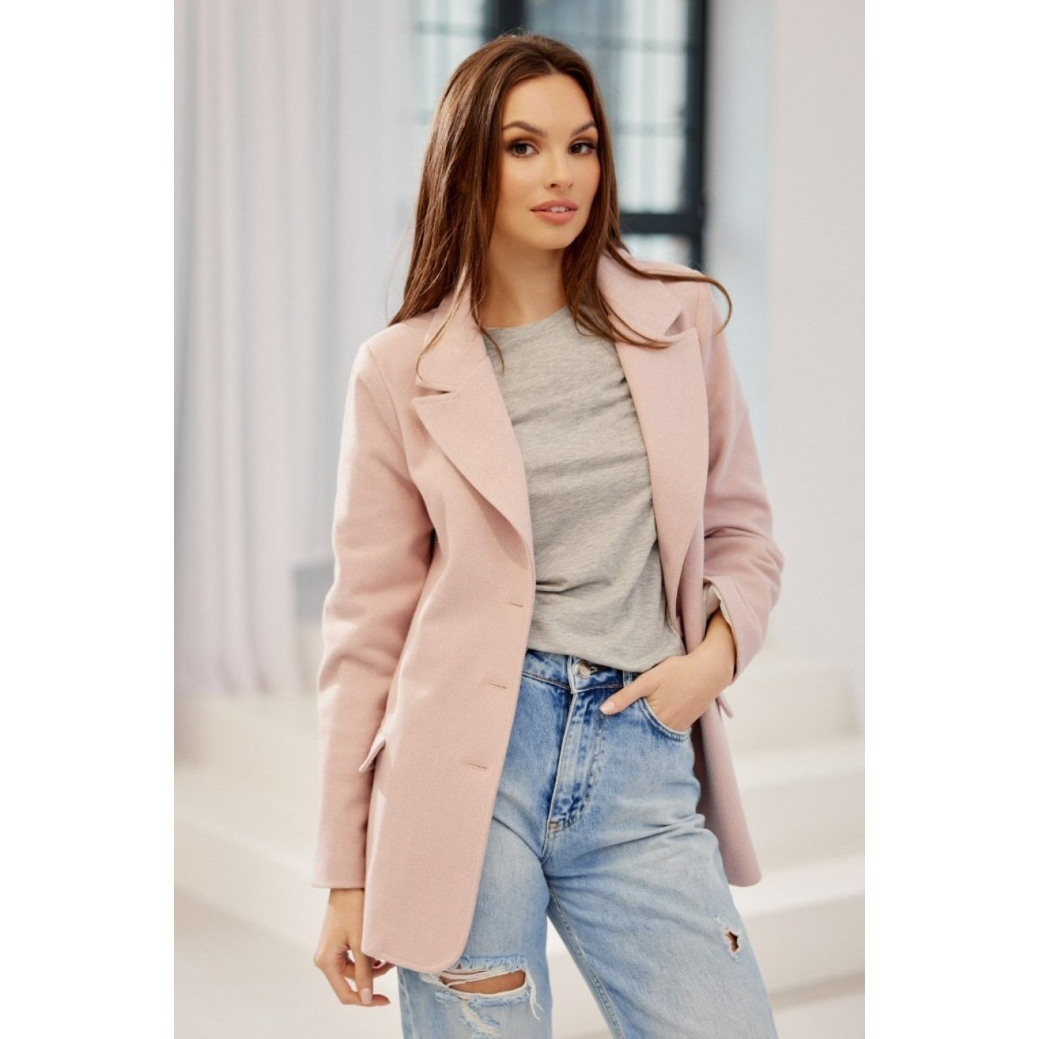 Sacou dama elegant, clasic, roz pudra, cu nasturi, FreyaR - JojoFashion.ro