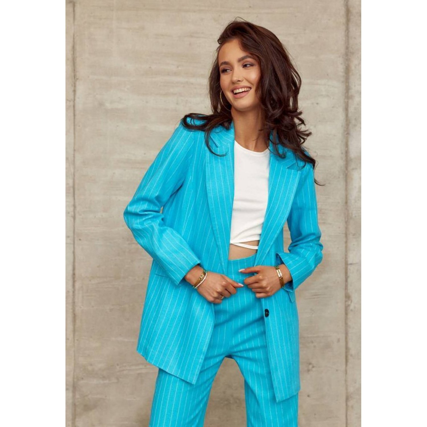 Sacou dama oversize bleu, cu dungi verticale, Zaketa - JojoFashion.ro