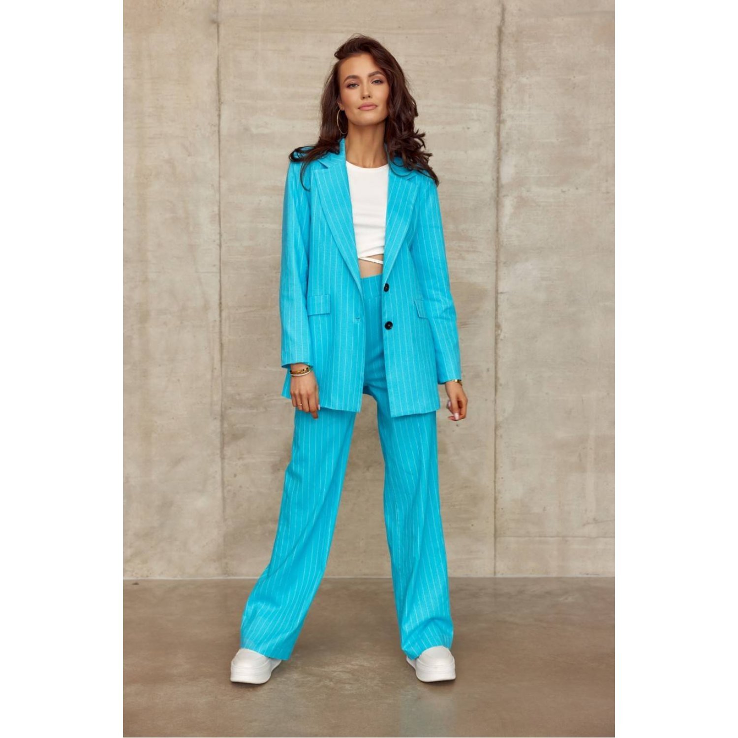 Sacou dama oversize bleu, cu dungi verticale, Zaketa - JojoFashion.ro