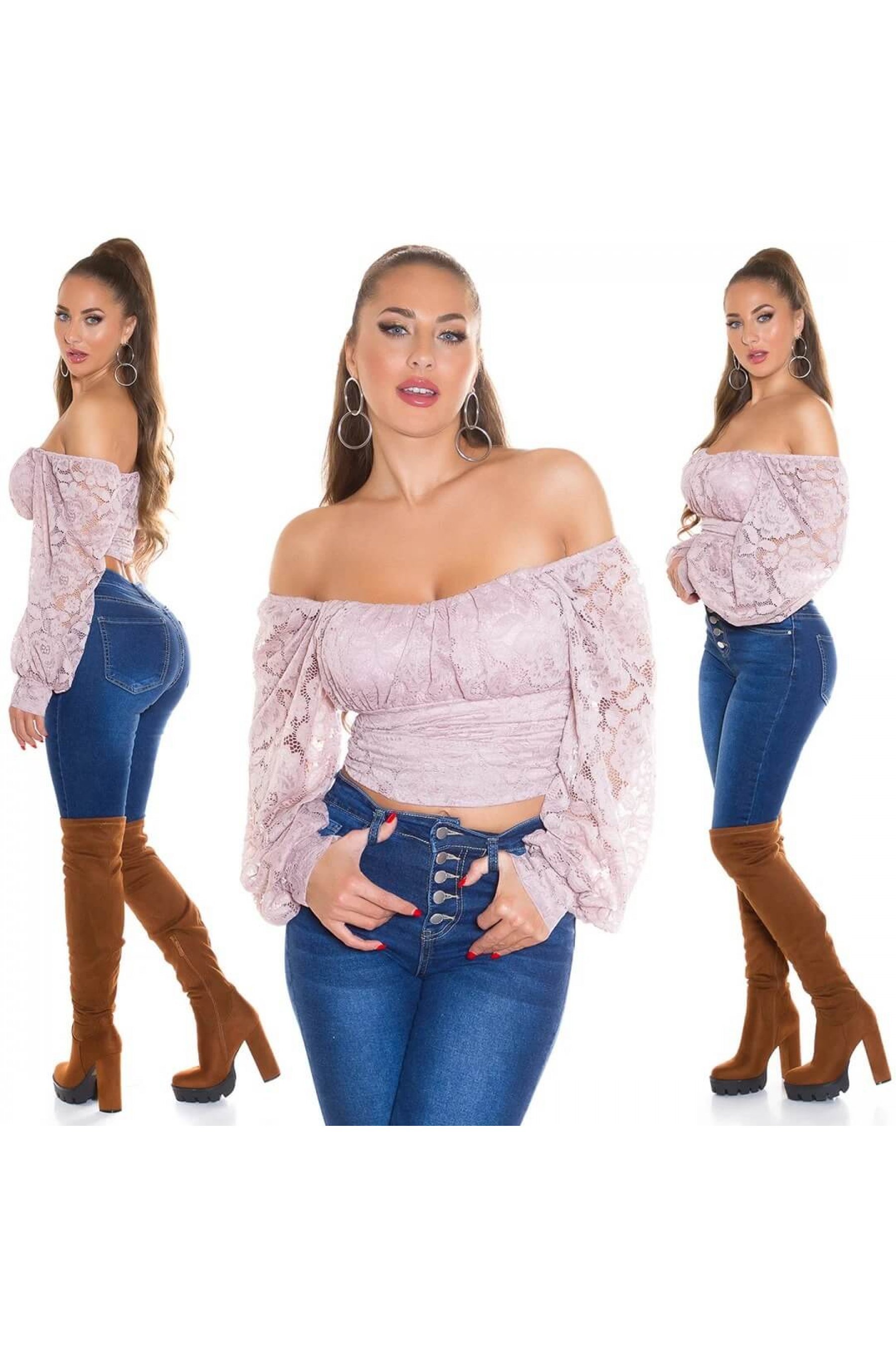 Top crop dama dantela roz pal cu umeri goi Diana - JojoFashion.ro