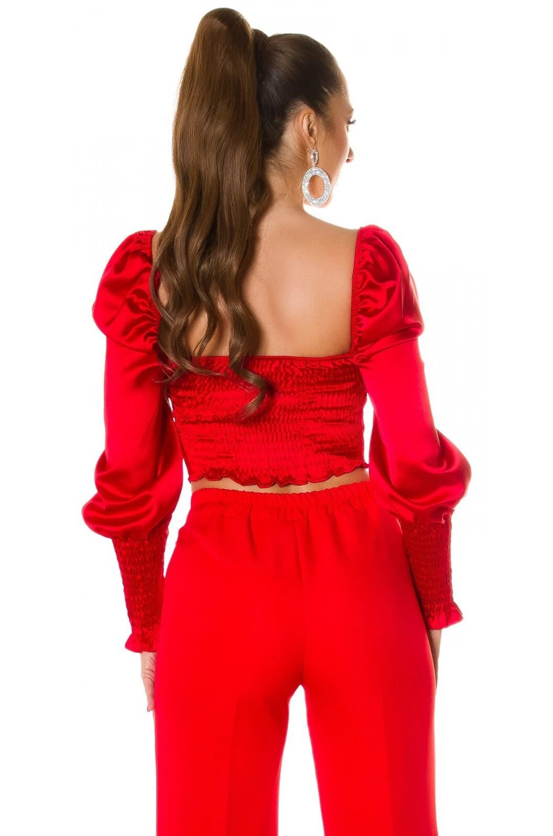 Crop top dama elegant tip corset satin rosu Moura - JojoFashion.ro