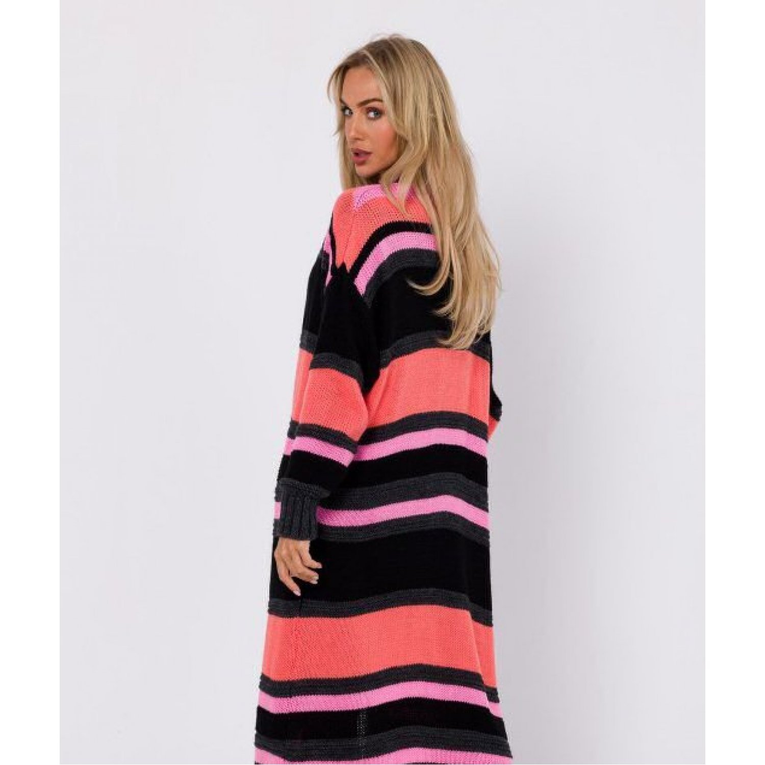 Cardigan dama midi, din acryl, negru cu dungi corai, Fatime ...
