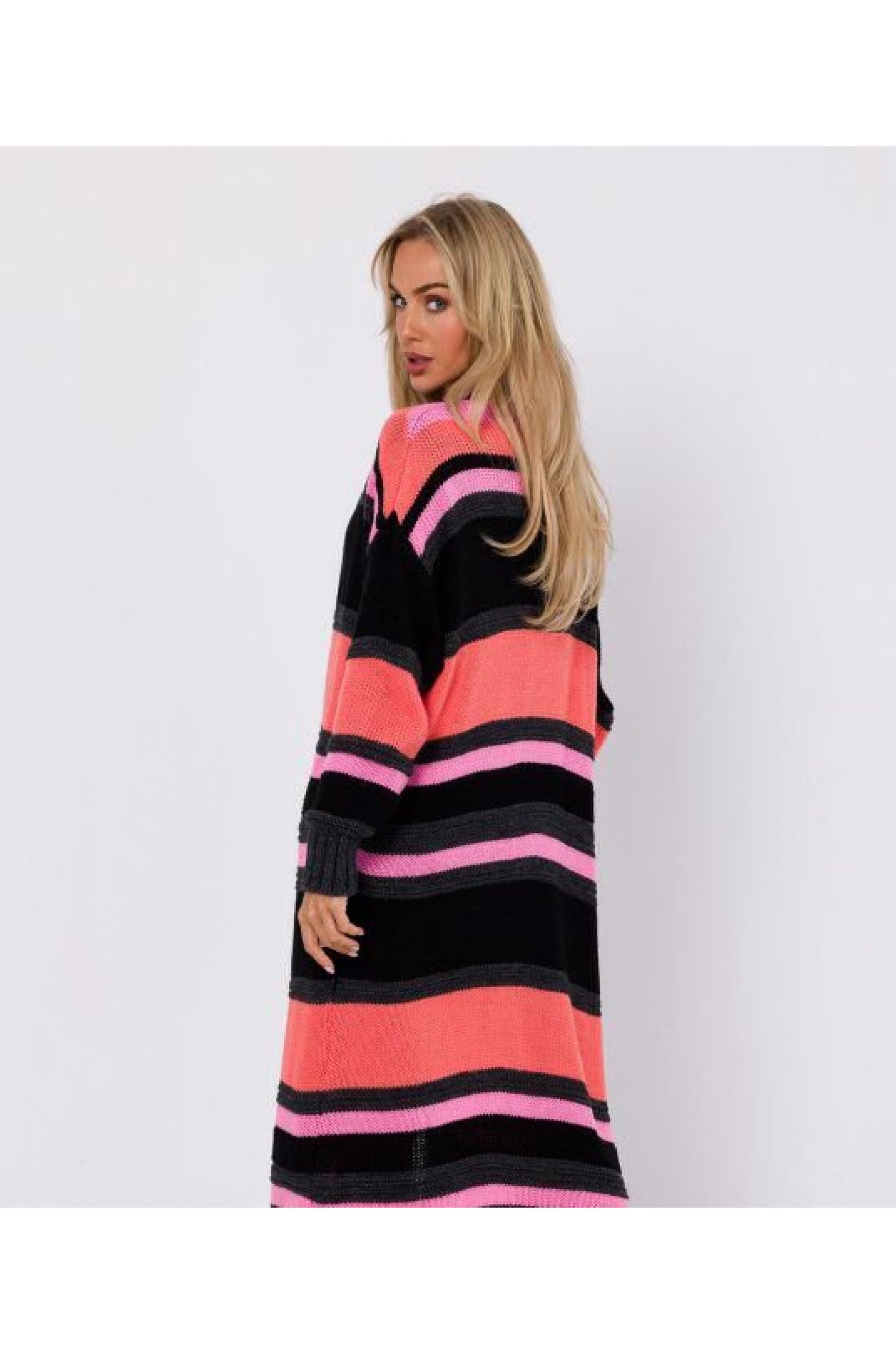 Cardigan dama midi, din acryl, negru cu dungi corai, Fatime ...