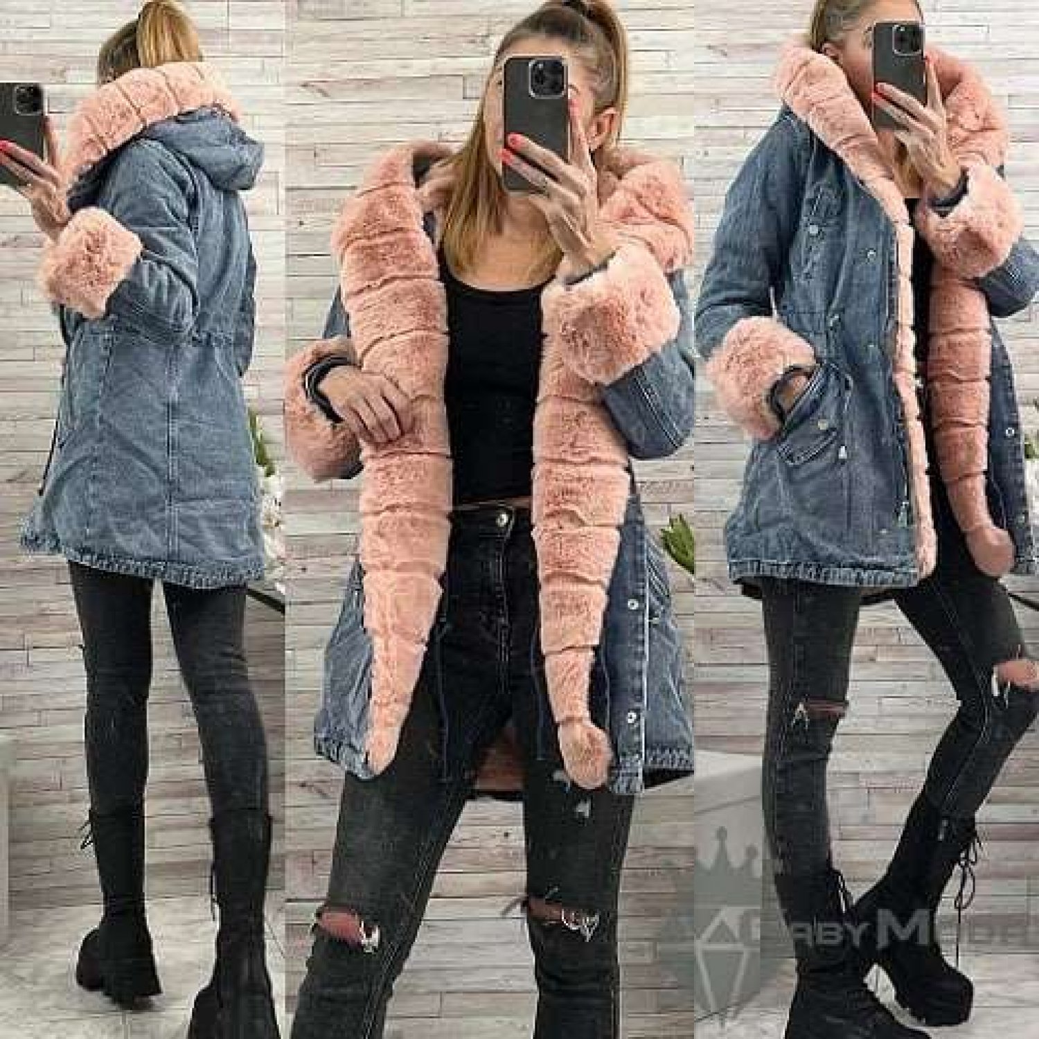 Geaca dama parka din denim albastru cu blanita eco roz Wanda ...