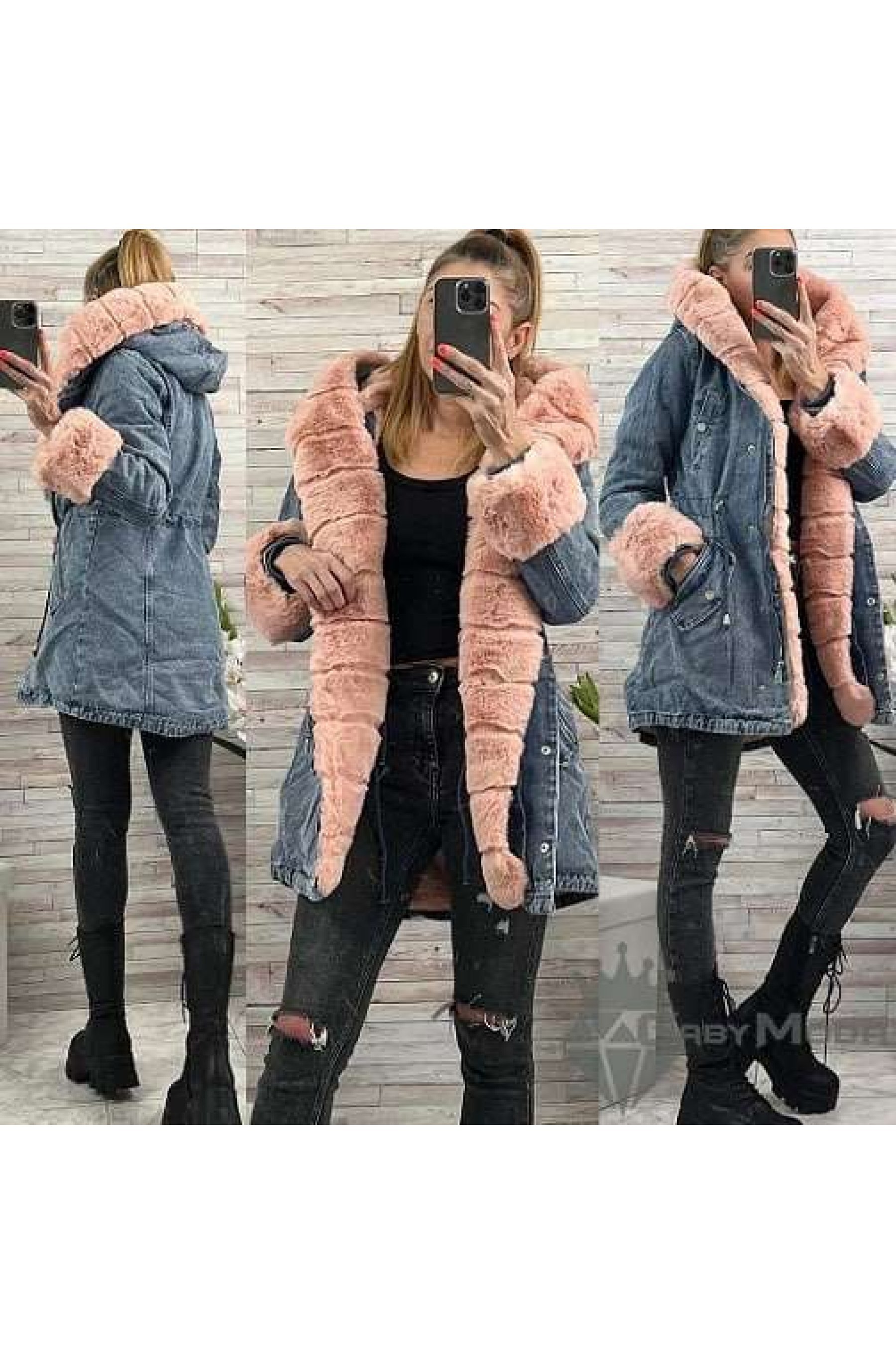 Geaca dama parka din denim albastru cu blanita eco roz Wanda ...