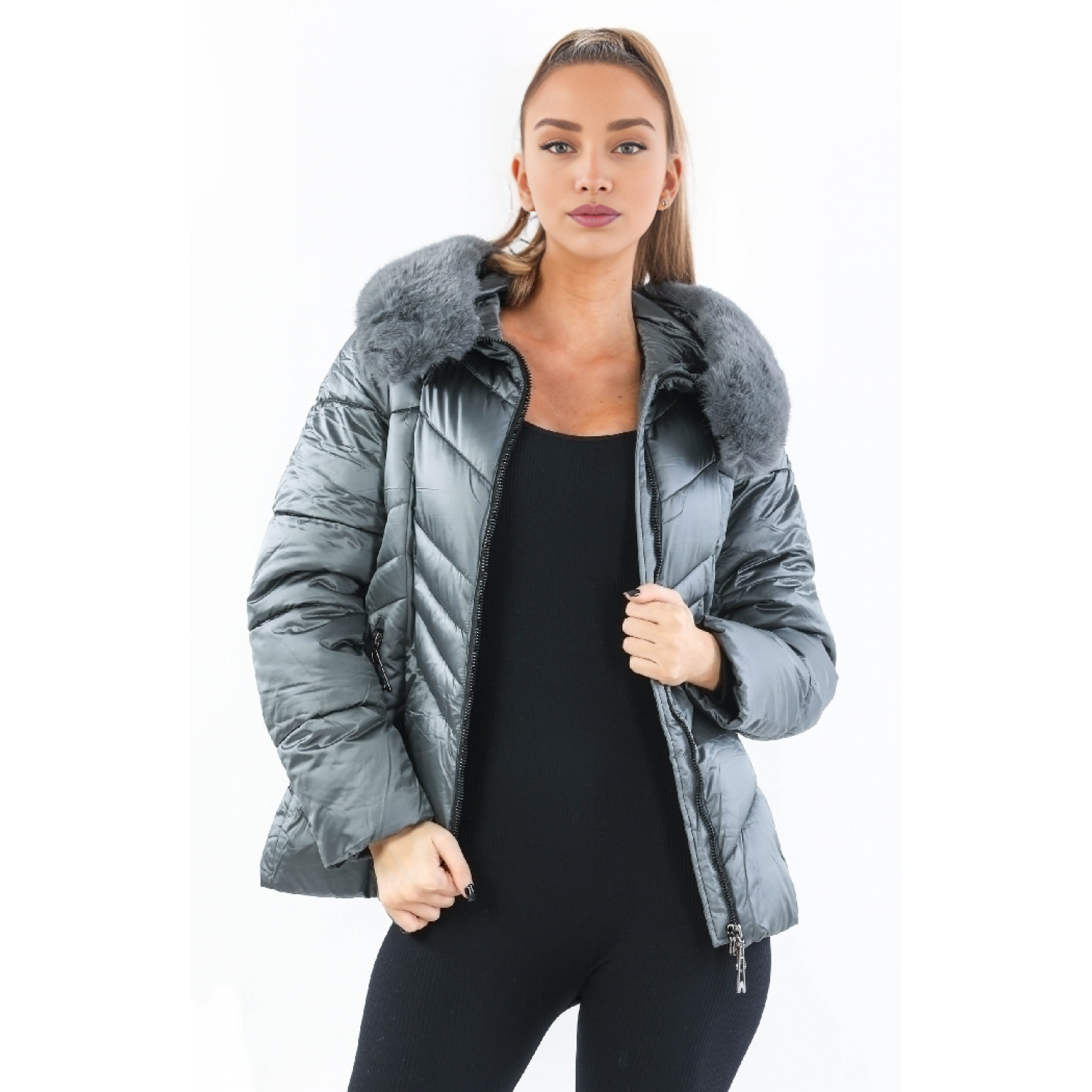 Geaca dama din fas, gri, cu gluga si blanita, cambrata, Amedeia ...