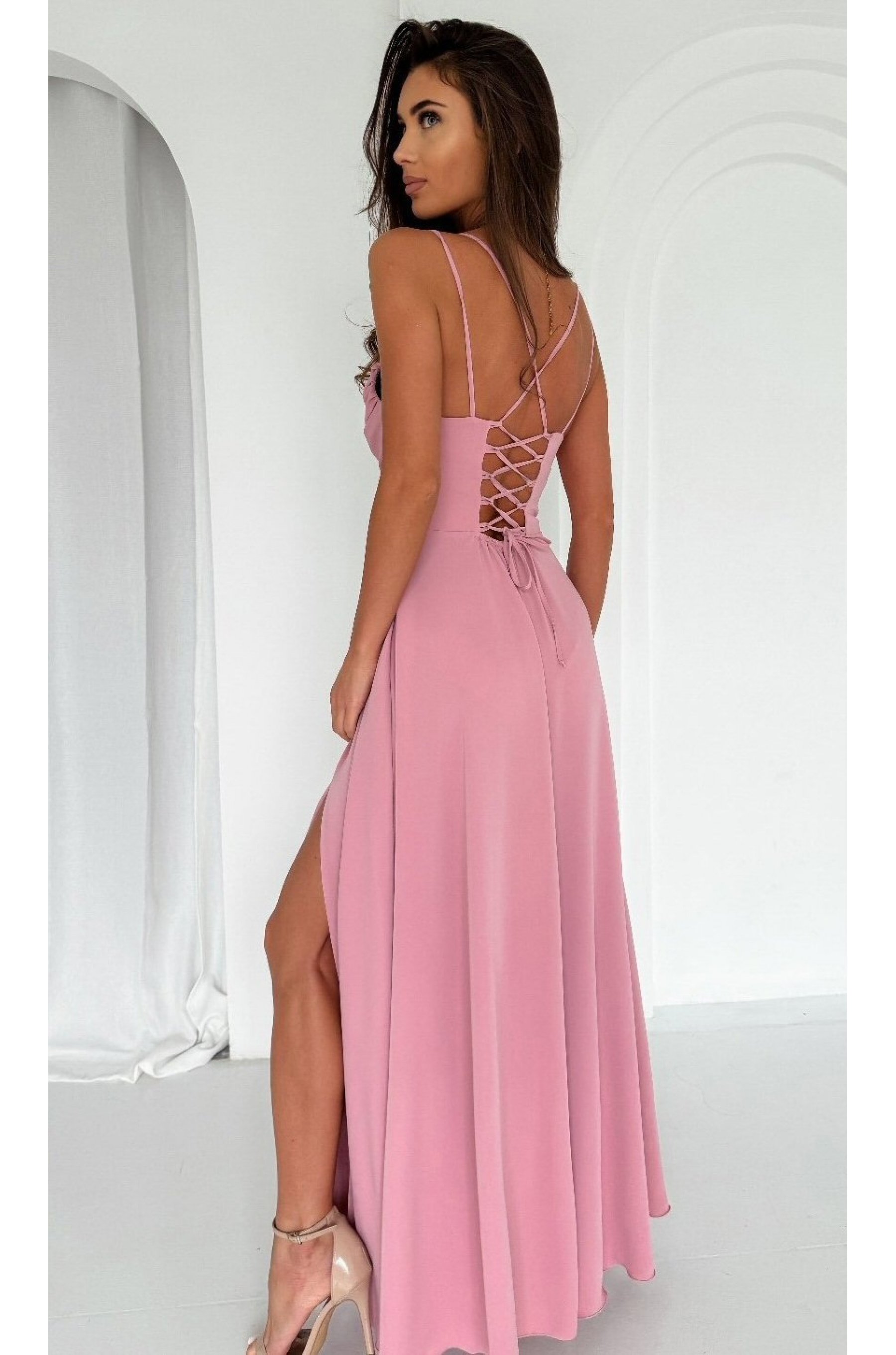 Rochie de ocazie lunga, roz pudra, cu bust tip corset, ValeriaW ...