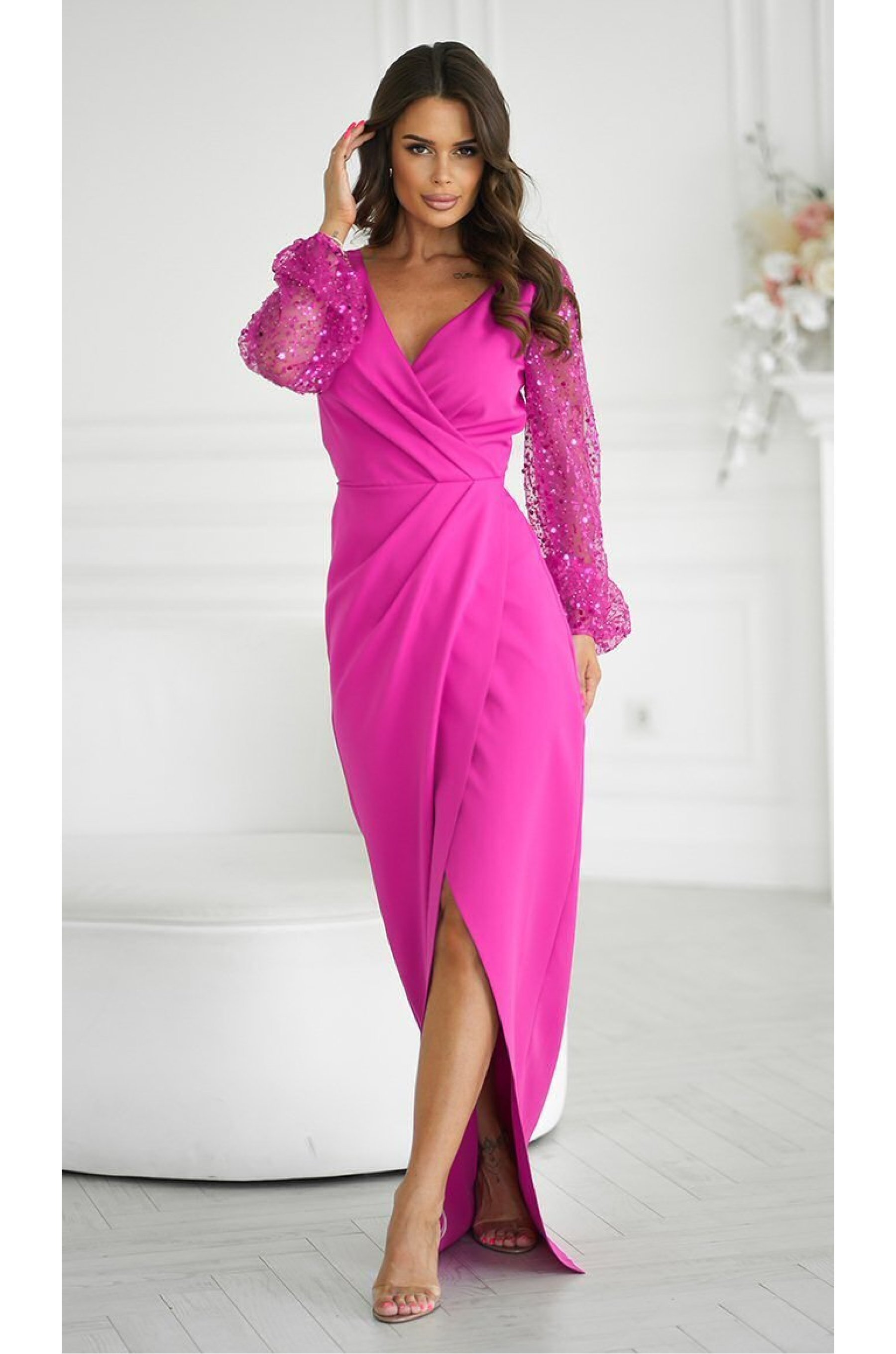 Rochie eleganta lunga cu paiete roz fucsia cu maneca lunga petrecuta ...