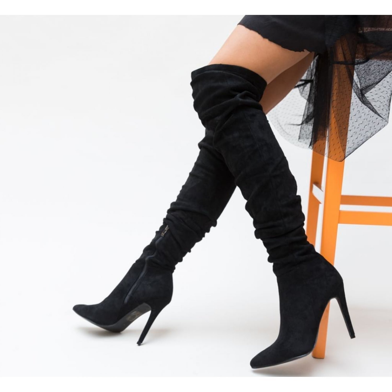 Cizme inalte cu toc inalt din piele neagra eco intoarsa Sanda ...