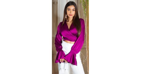 Crop top dama elegant, petrecut, din satin mov, cu maneca lunga ...