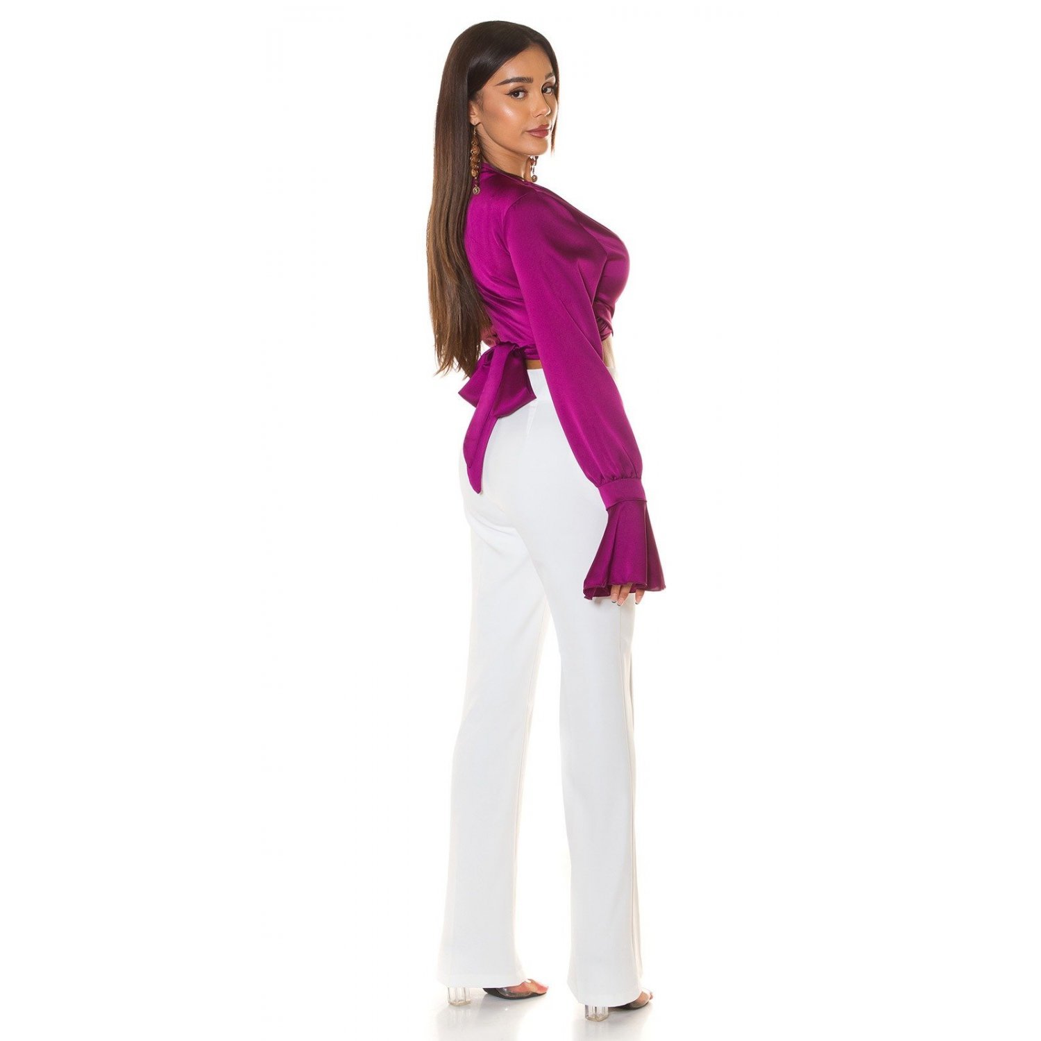 Crop top dama elegant, petrecut, din satin mov, cu maneca lunga ...