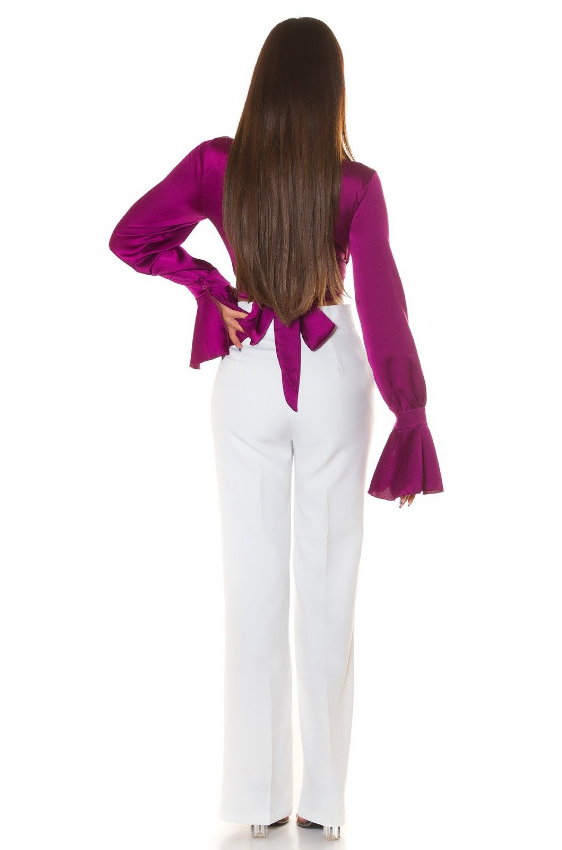 Crop top dama elegant, petrecut, din satin mov, cu maneca lunga ...