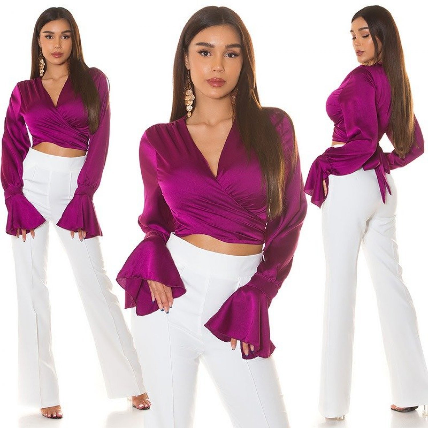 Crop top dama elegant, petrecut, din satin mov, cu maneca lunga ...