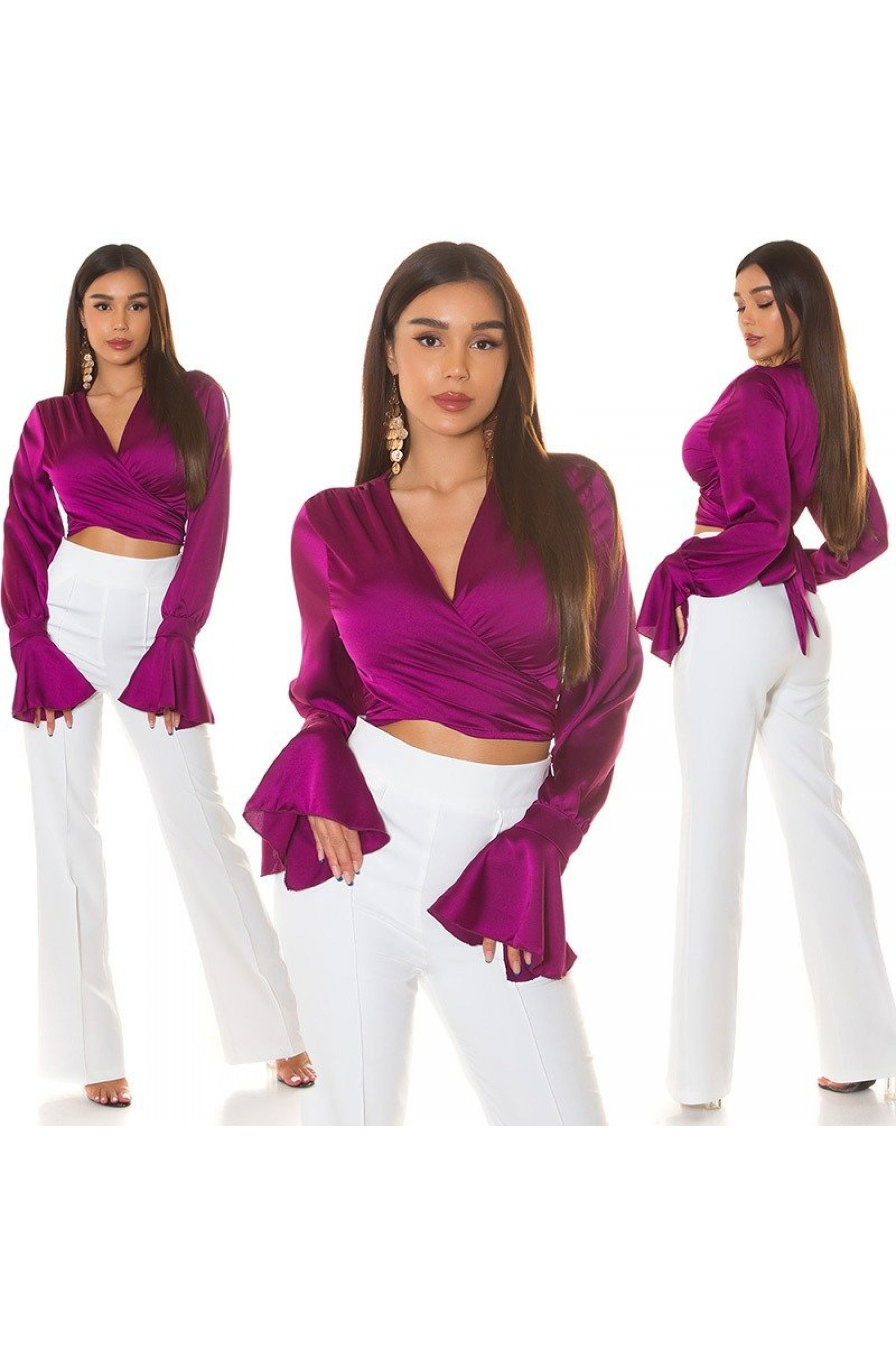Crop top dama elegant, petrecut, din satin mov, cu maneca lunga ...