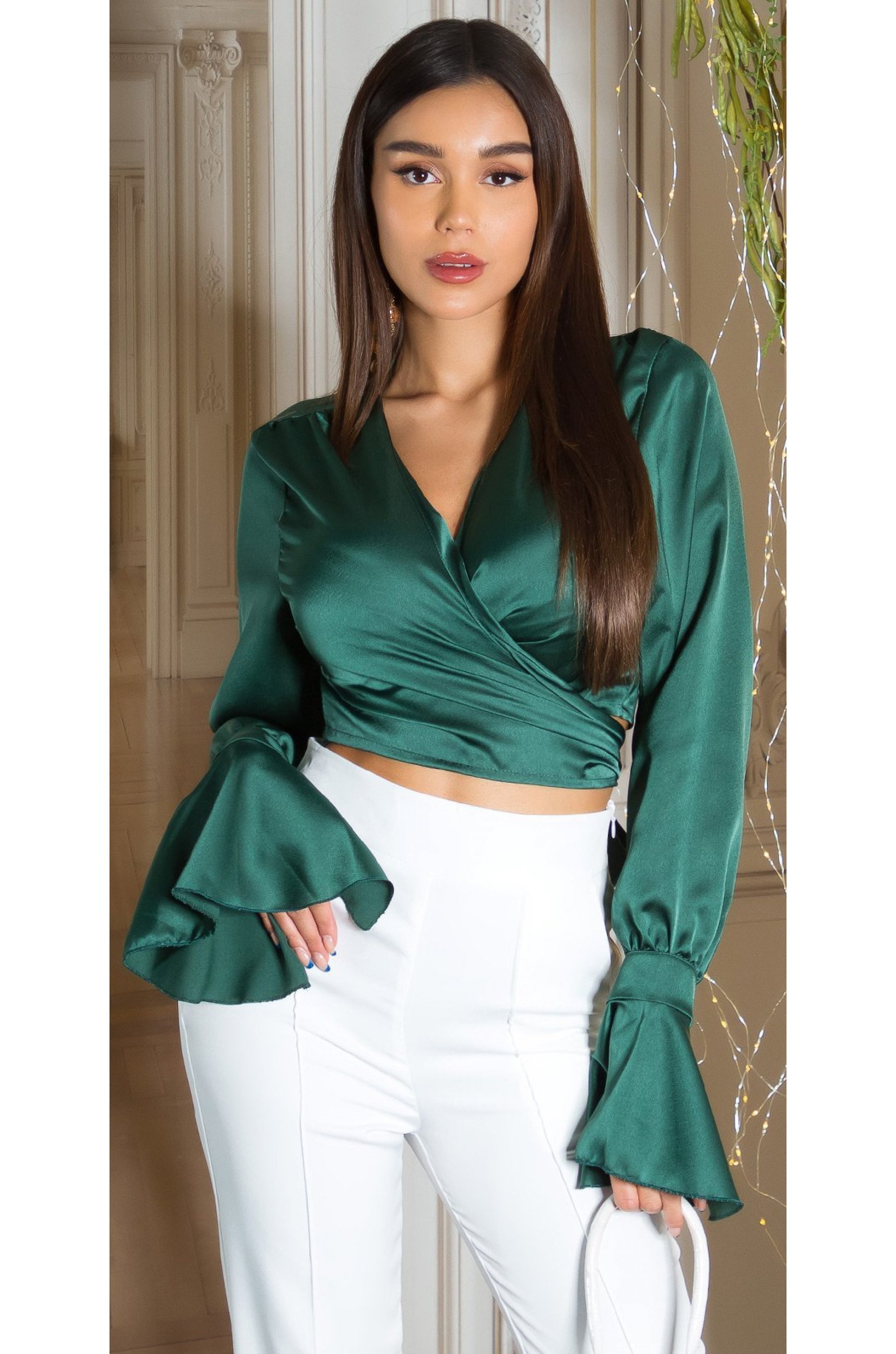 Crop top dama elegant, petrecut, din satin verde, cu maneca lunga ...