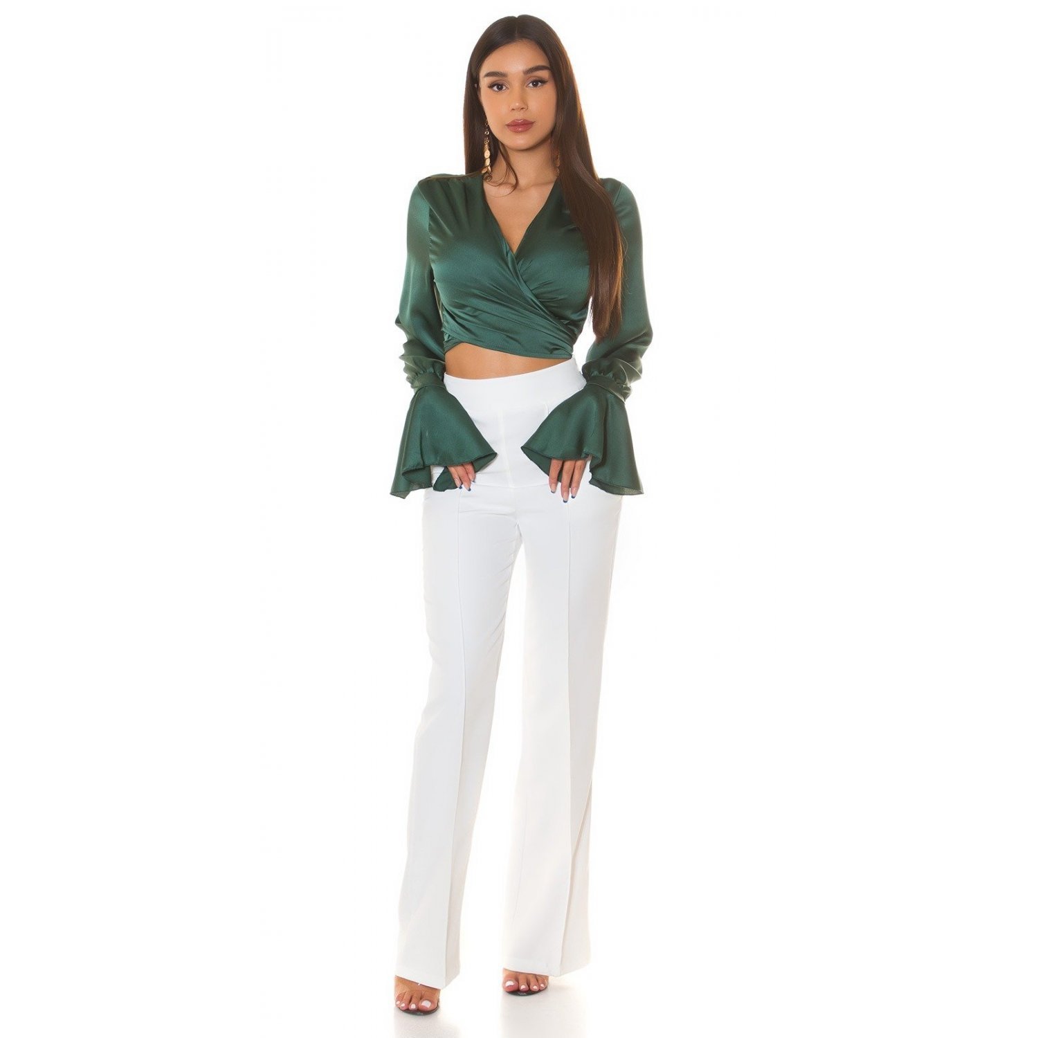 Crop top dama elegant, petrecut, din satin verde, cu maneca lunga ...