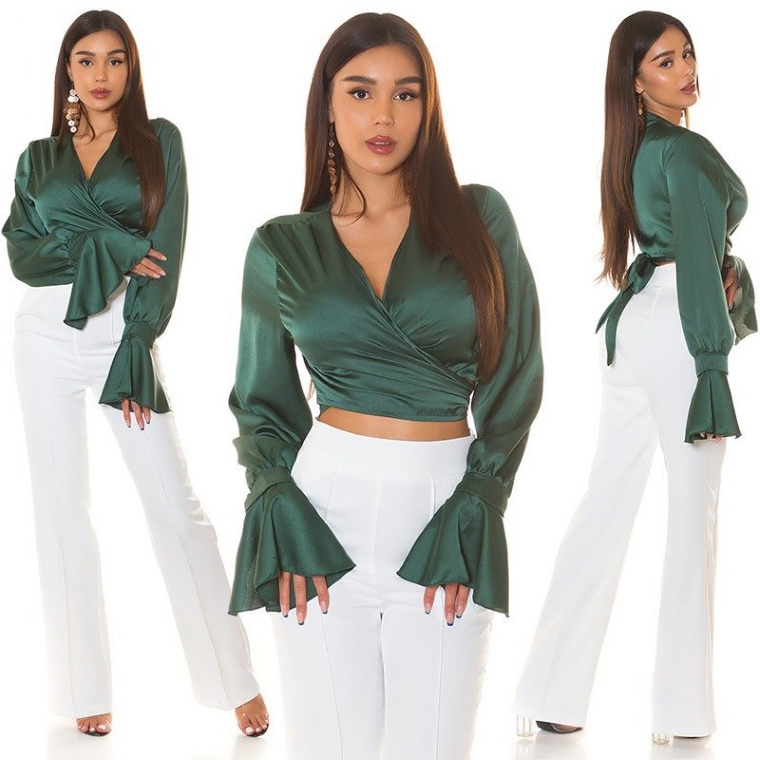 Crop top dama elegant, petrecut, din satin verde, cu maneca lunga ...