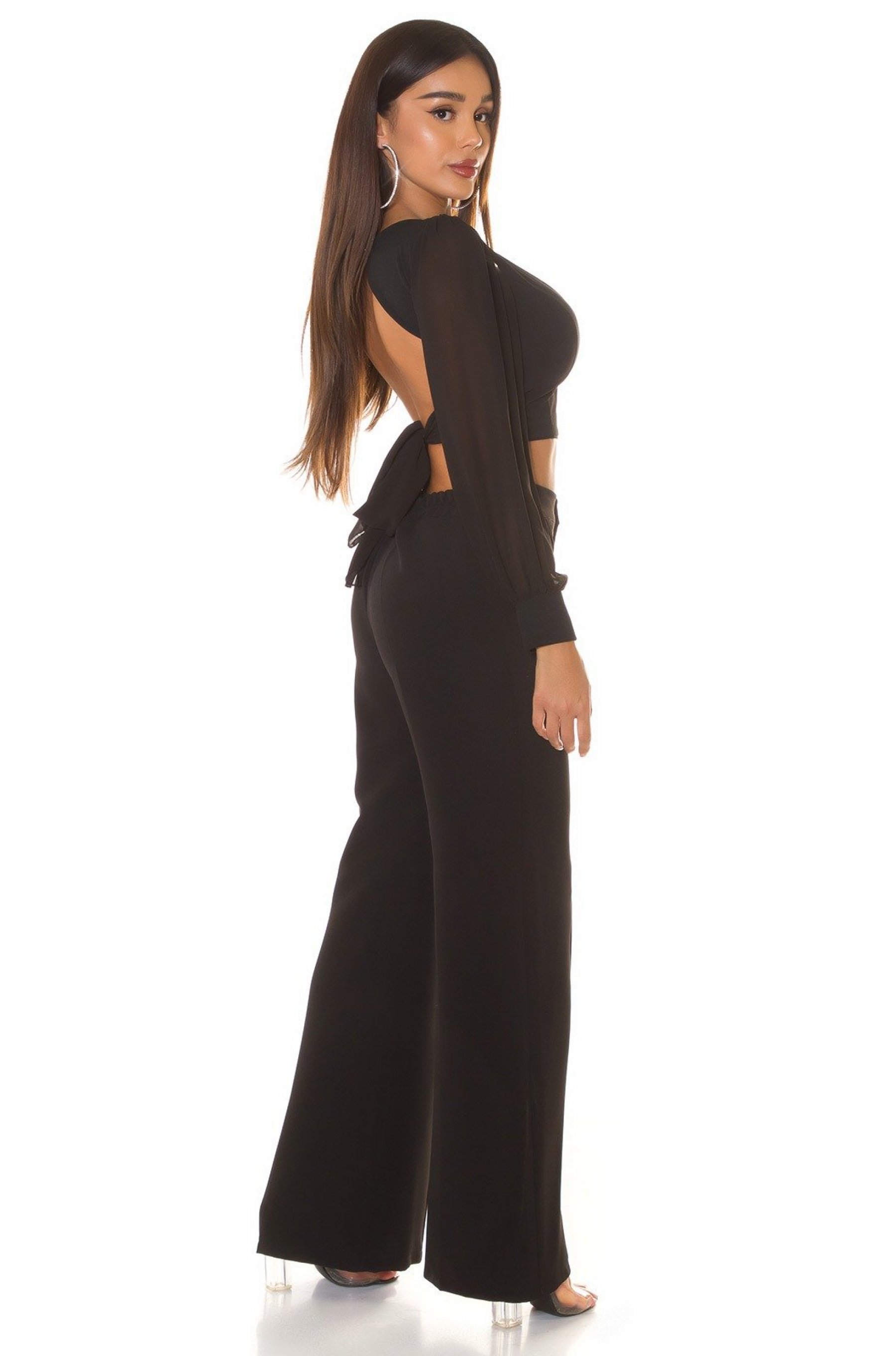 Crop top dama, negru, cu maneca lunga si decolteu in V, Meredith ...