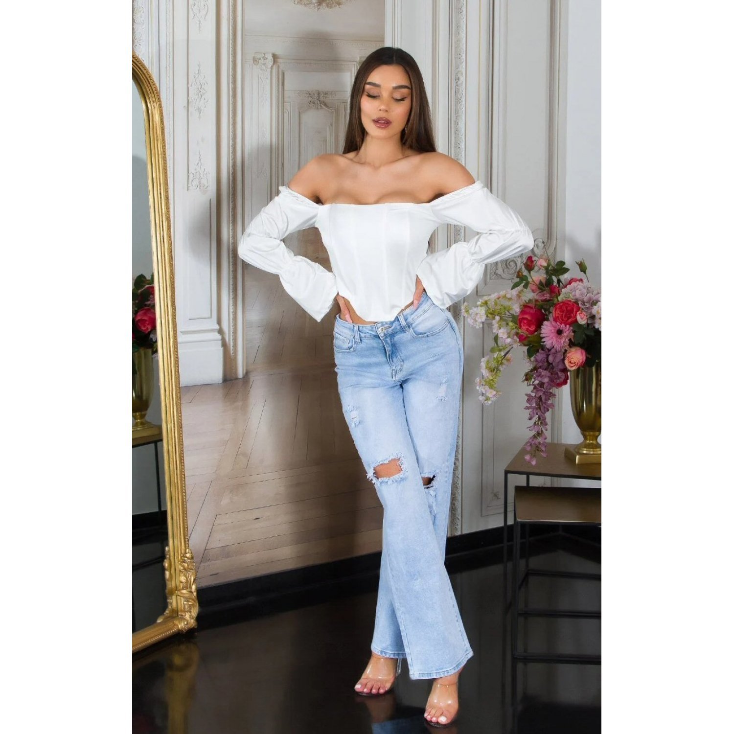 Top dama tip corset, alb, din satin, cu maneca lunga si umerii goi ...