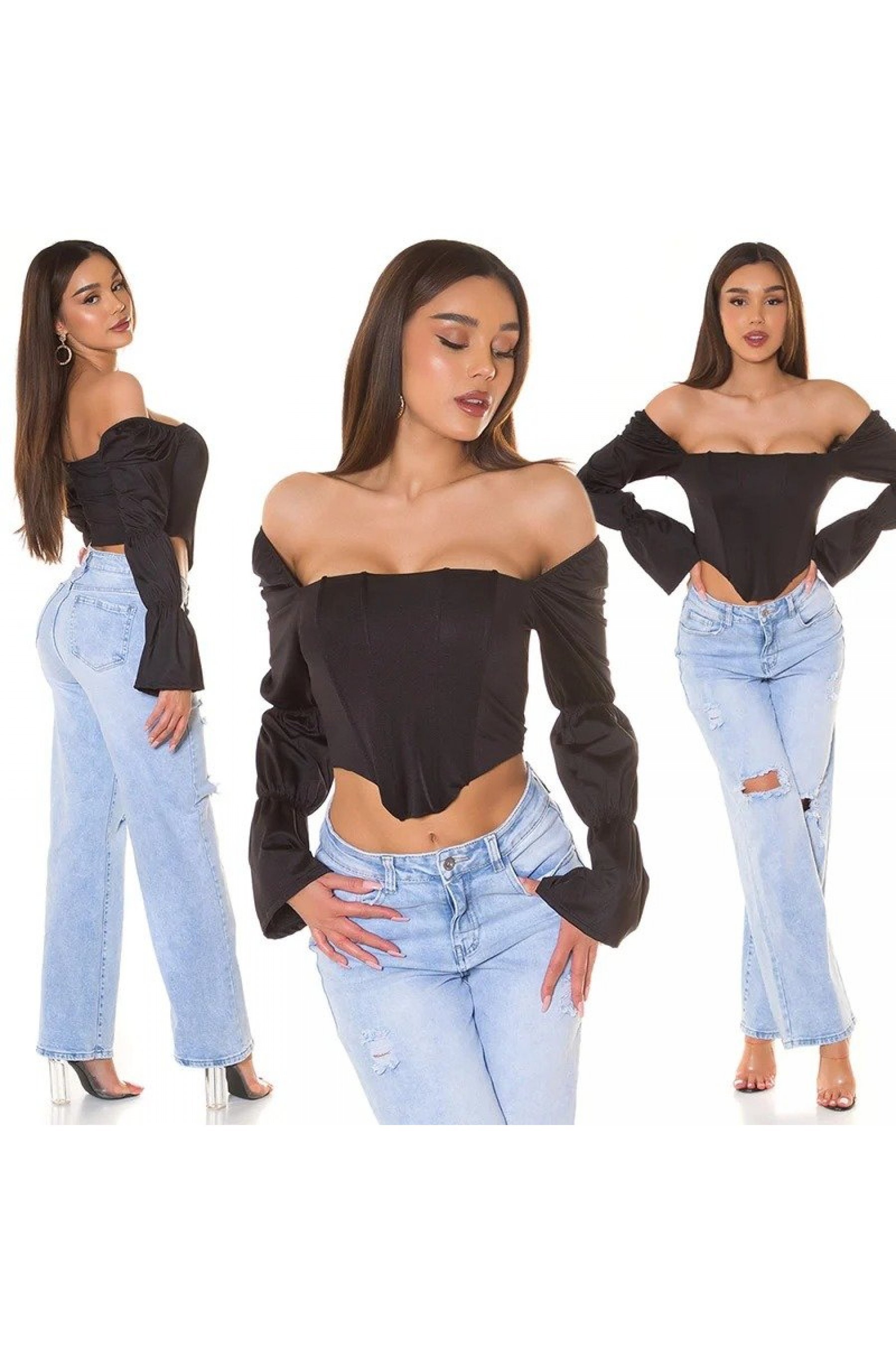 Top dama tip corset, negru, din satin, cu maneca lunga si umerii goi ...